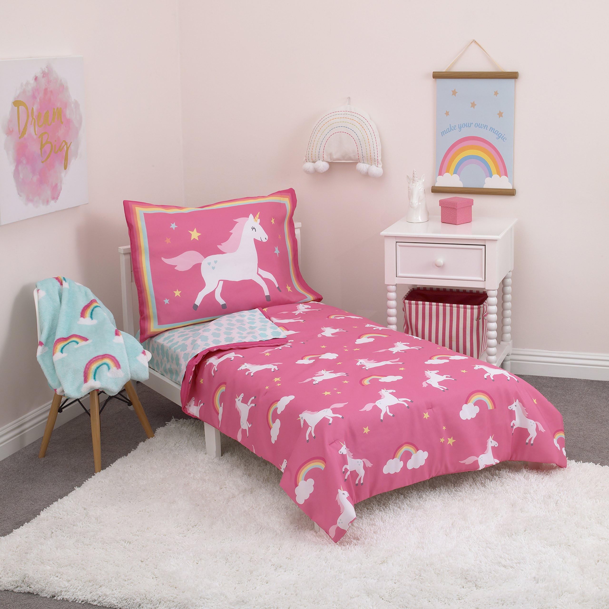 Amazon.com : CARTERS Rainbow Unicorn 4 Piece Toddler Bedding Set, Pink ...