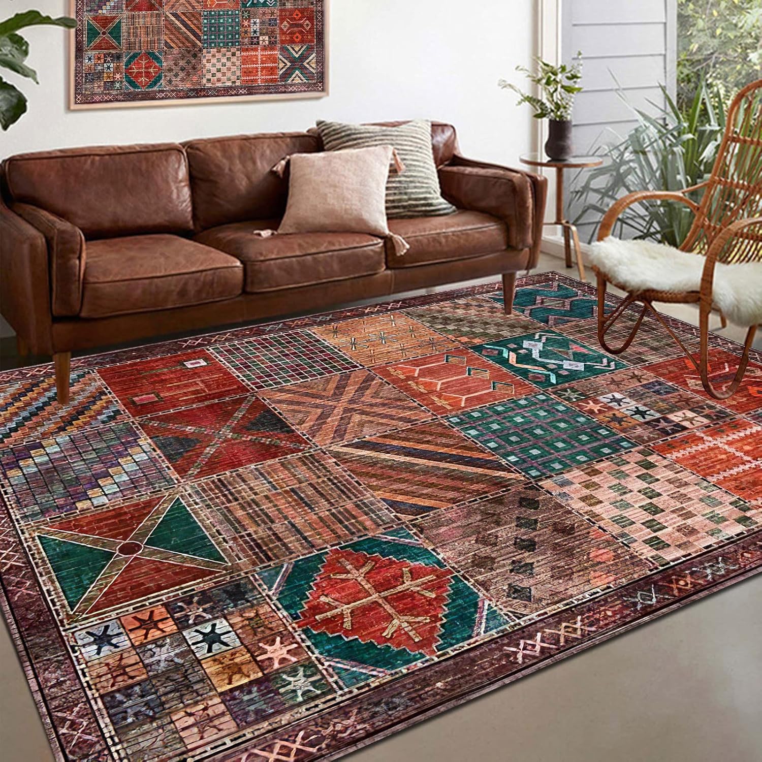Rug QJDDUP Area Rug Soft Short Pile Multicolor Patchwork Vintage
