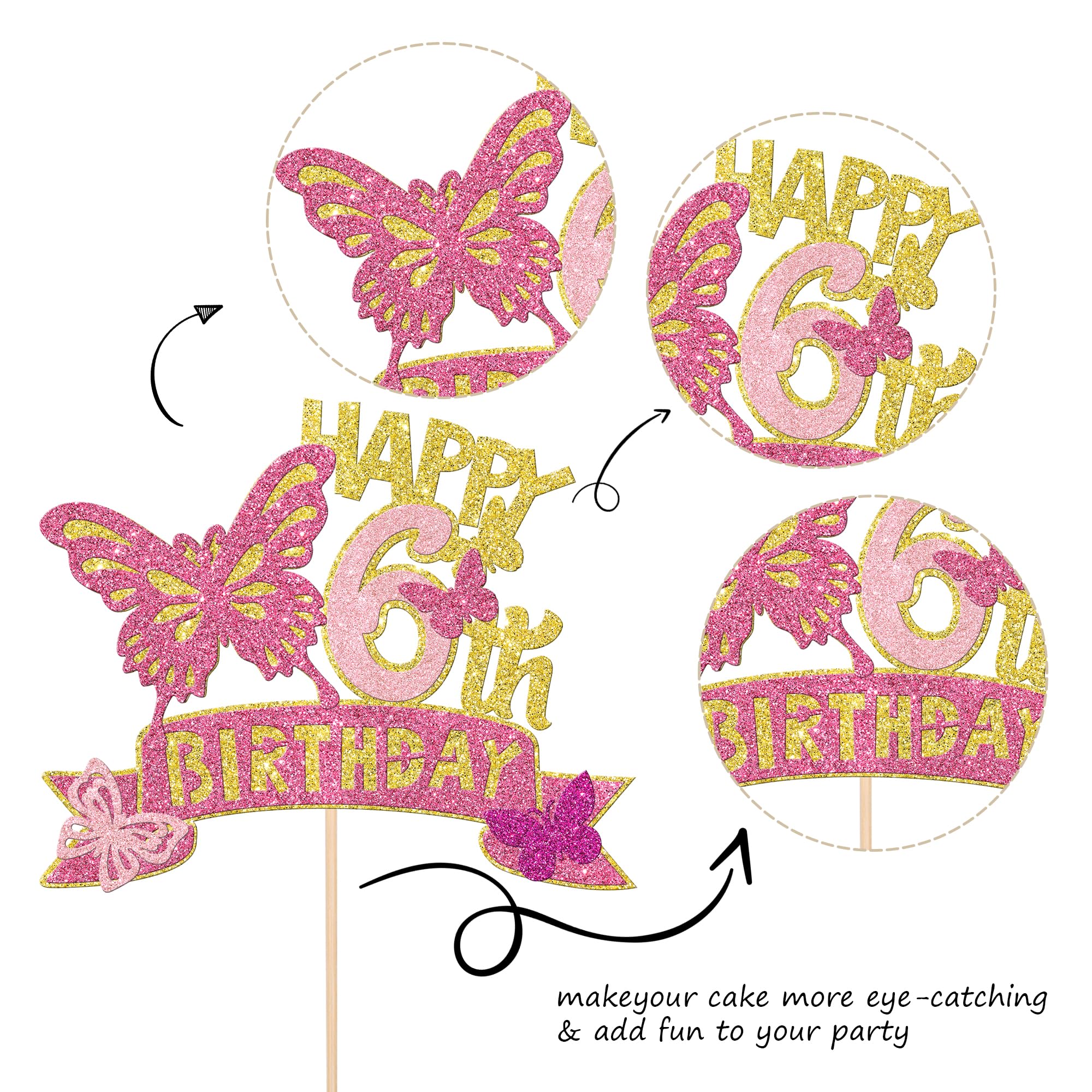 Snapklik.com : 1 PCS Butterfly Happy 6th Birthday Cake Topper Gold Pink ...