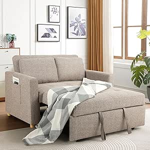 Amazon.com: SEJOV 3-in-1 Convertible Sofa Bed, Linen Fabric Sleeper Couch Pull Out Bed, 49" 2 ...