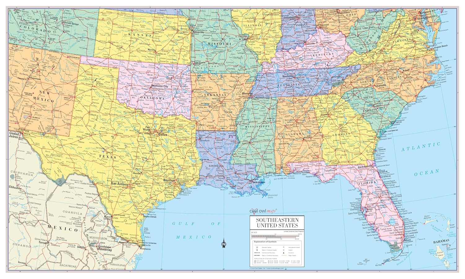 Amazon.com : Cool Owl Maps Southeaster USA Wall Map Poster 40"Wx24"H ...