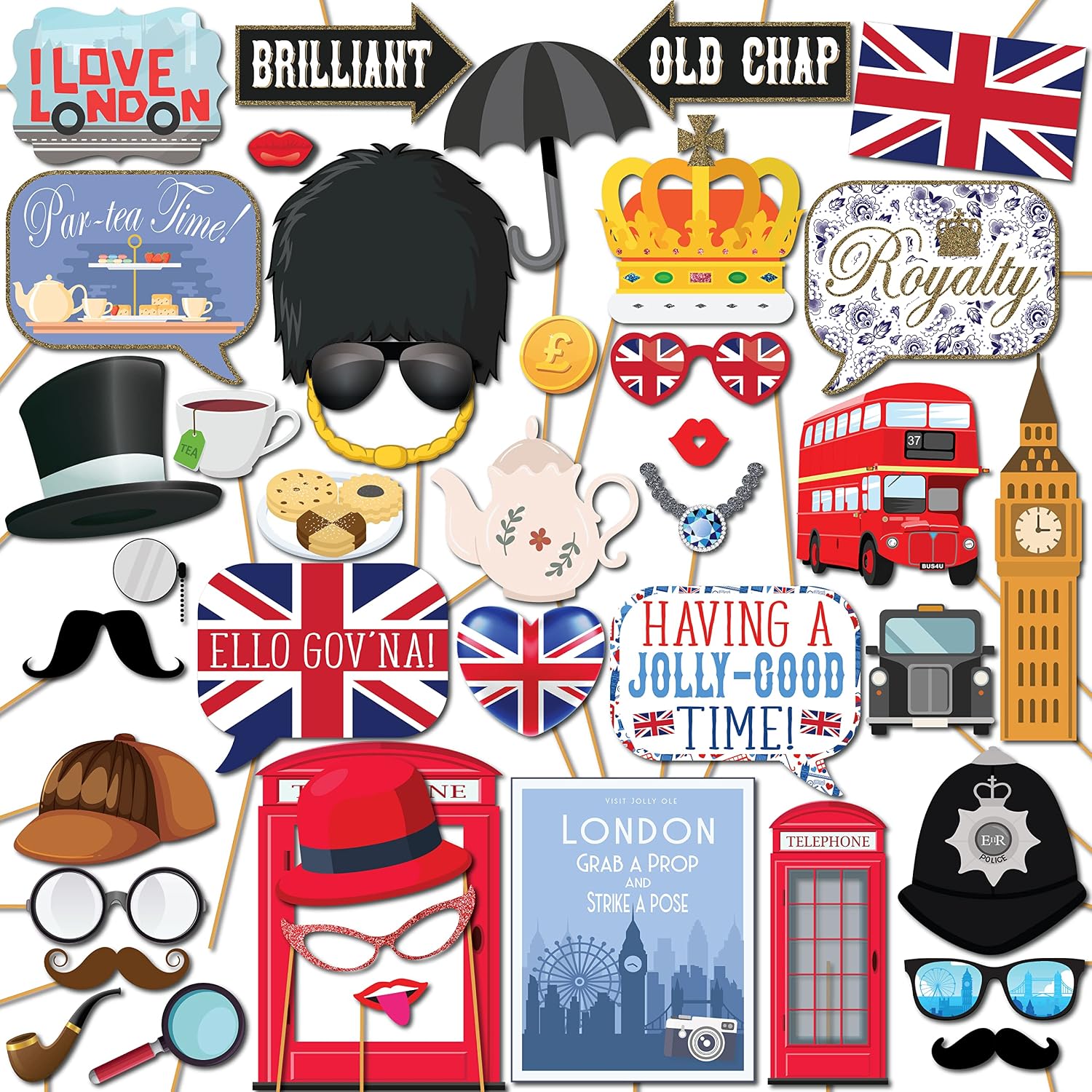 Amazon.com: British Photo Booth Props - 41-pc Photobooth Kit with 8 x ...