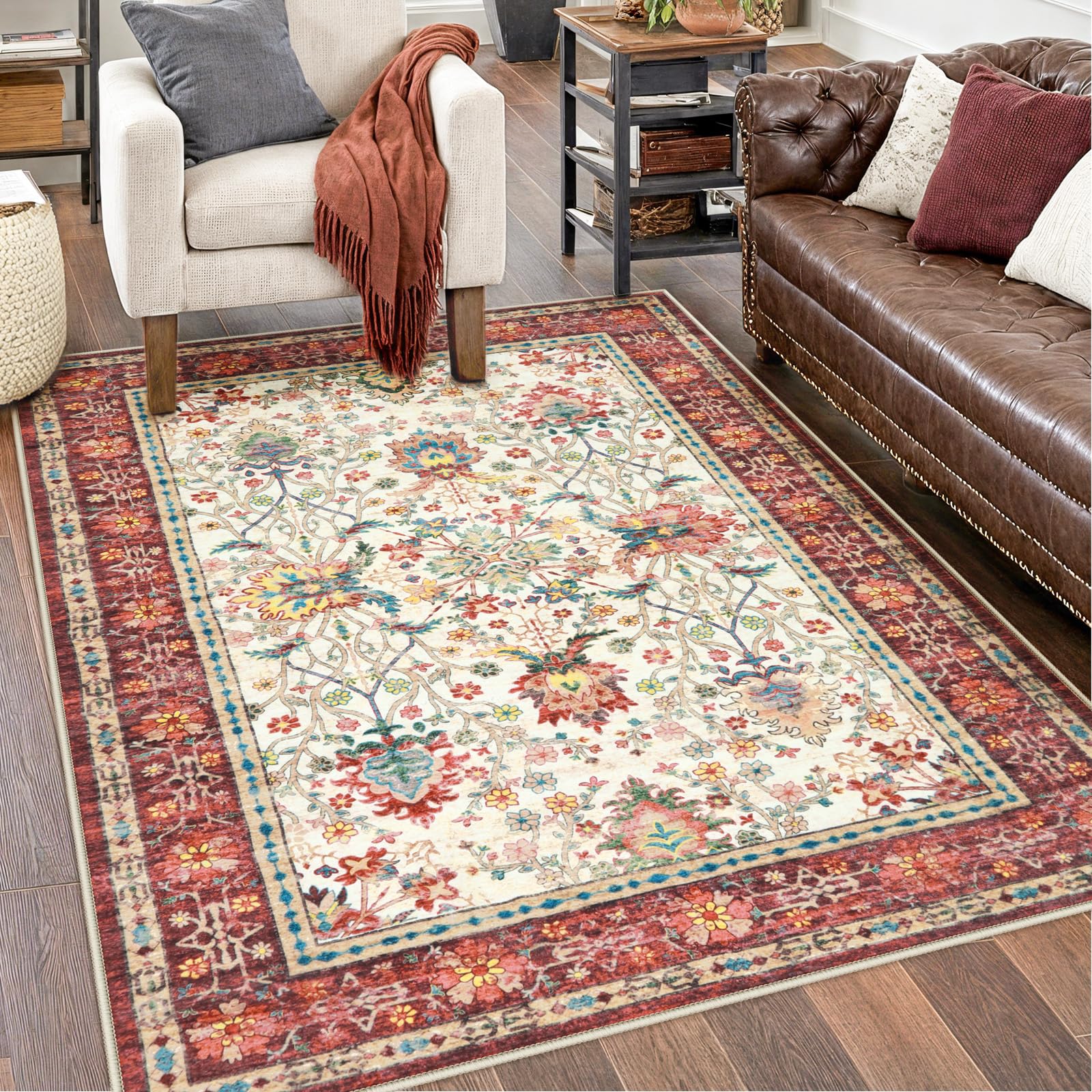 Amazon.com: Sivilife Red Washable Rugs for Living Room, Vintage Area ...