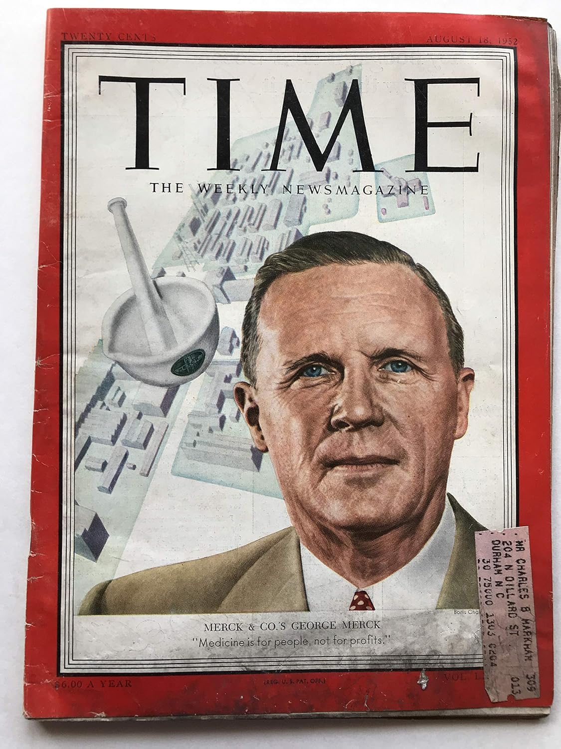 Time Magazine: The weekly Newsmagazine August 18, 1952 - George Merck ...