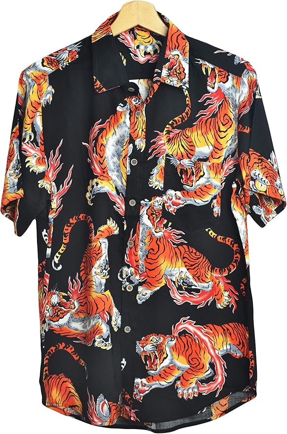 GL BOUTIK Men s Tiger Animal Print Shirt Fitted Fit Short Sleeve gl-boutik-men-s-tiger-animal-print-shirt-fitted-fit-short-sleeve
