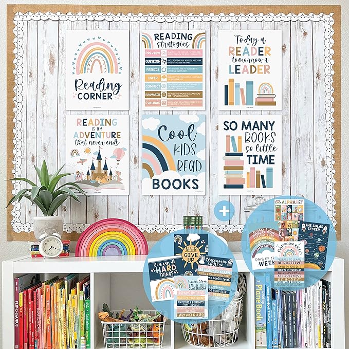Amazon.com: 6 Boho Rainbow Reading Posters For Classroom Library ...