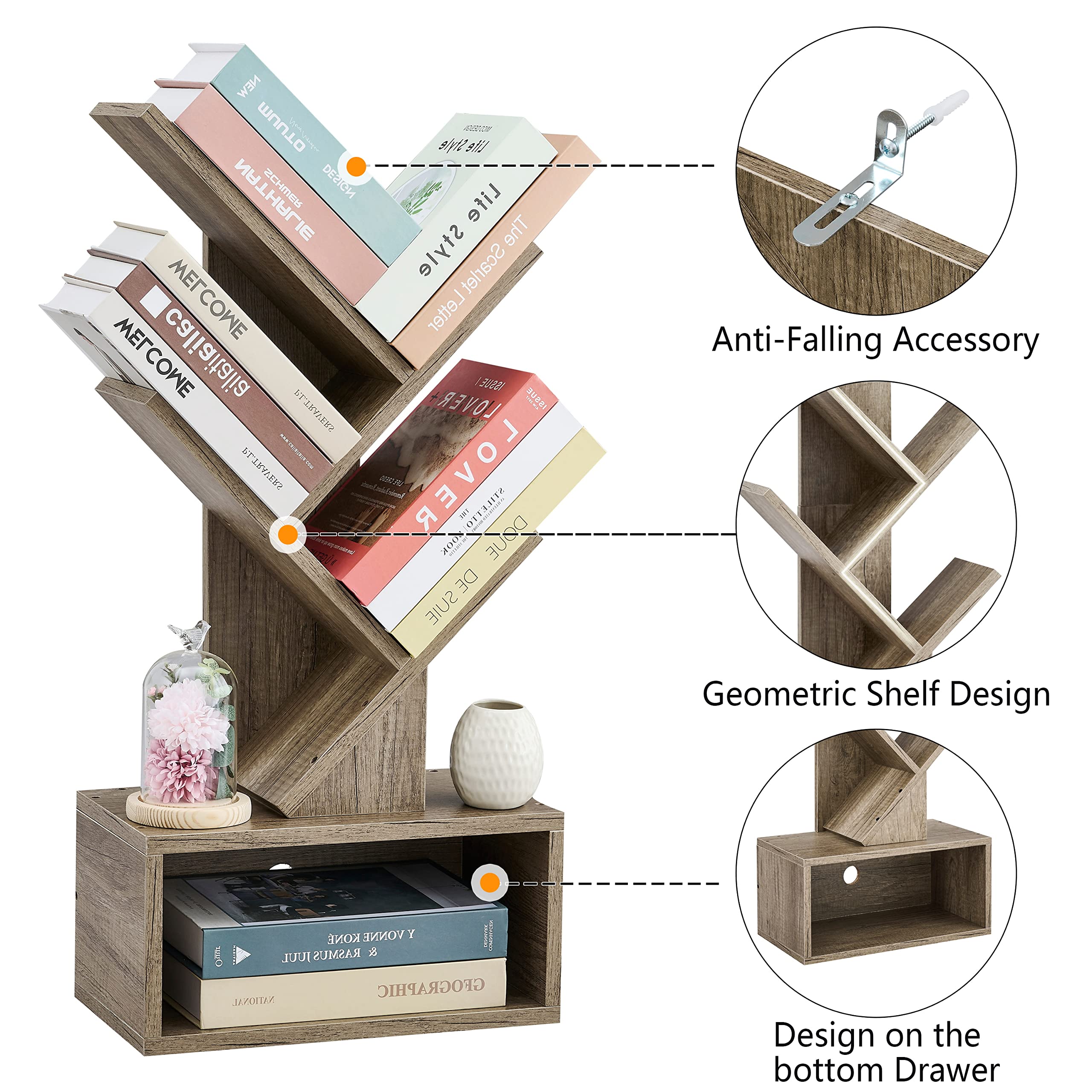 Hoctieon 3 Tier Tree Bookshelf, 3 Shelf Bookcase with Drawer, Free ...