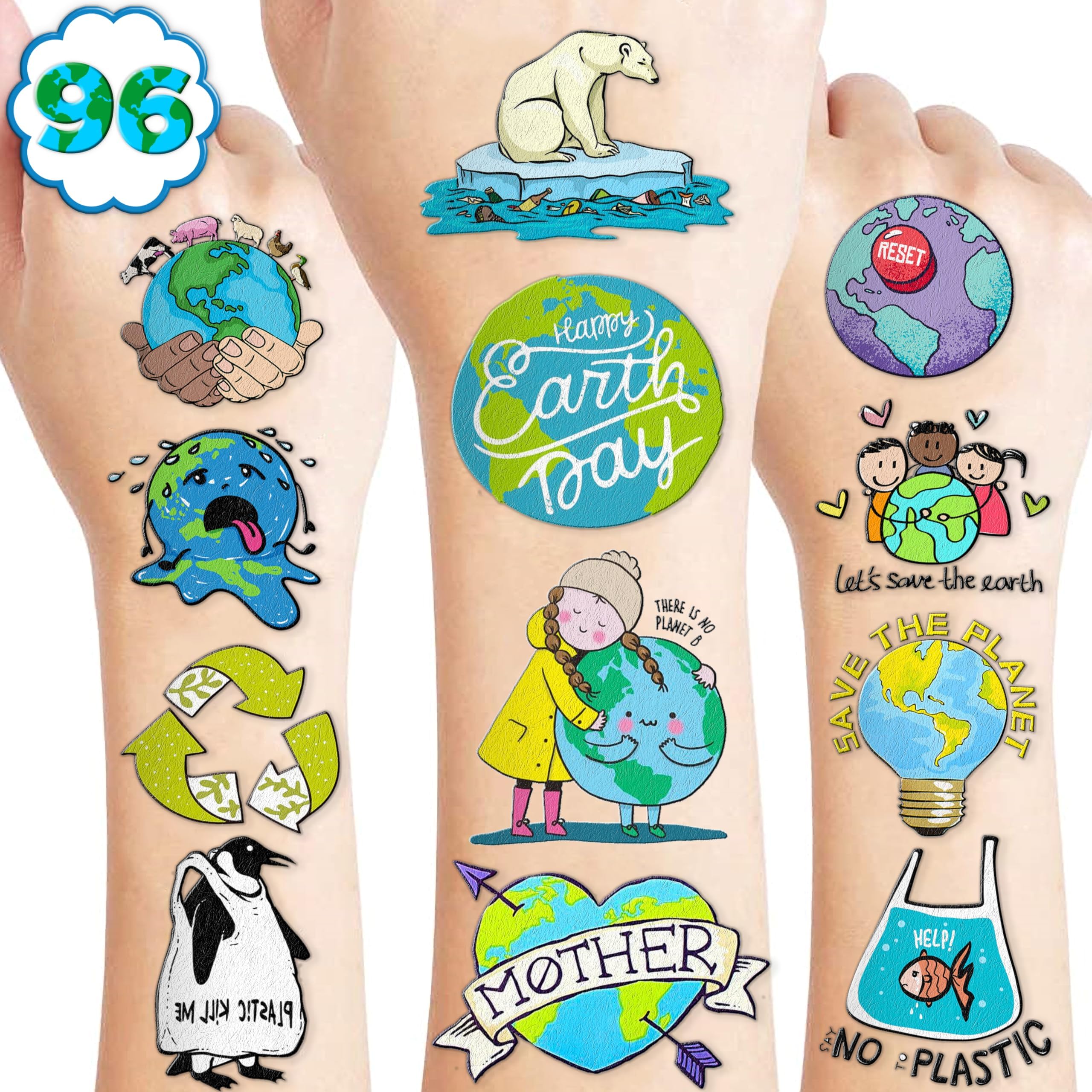 Amazon.com : (96 PCS) Earth Day Eco Green Save Planet Temporary Tattoos ...