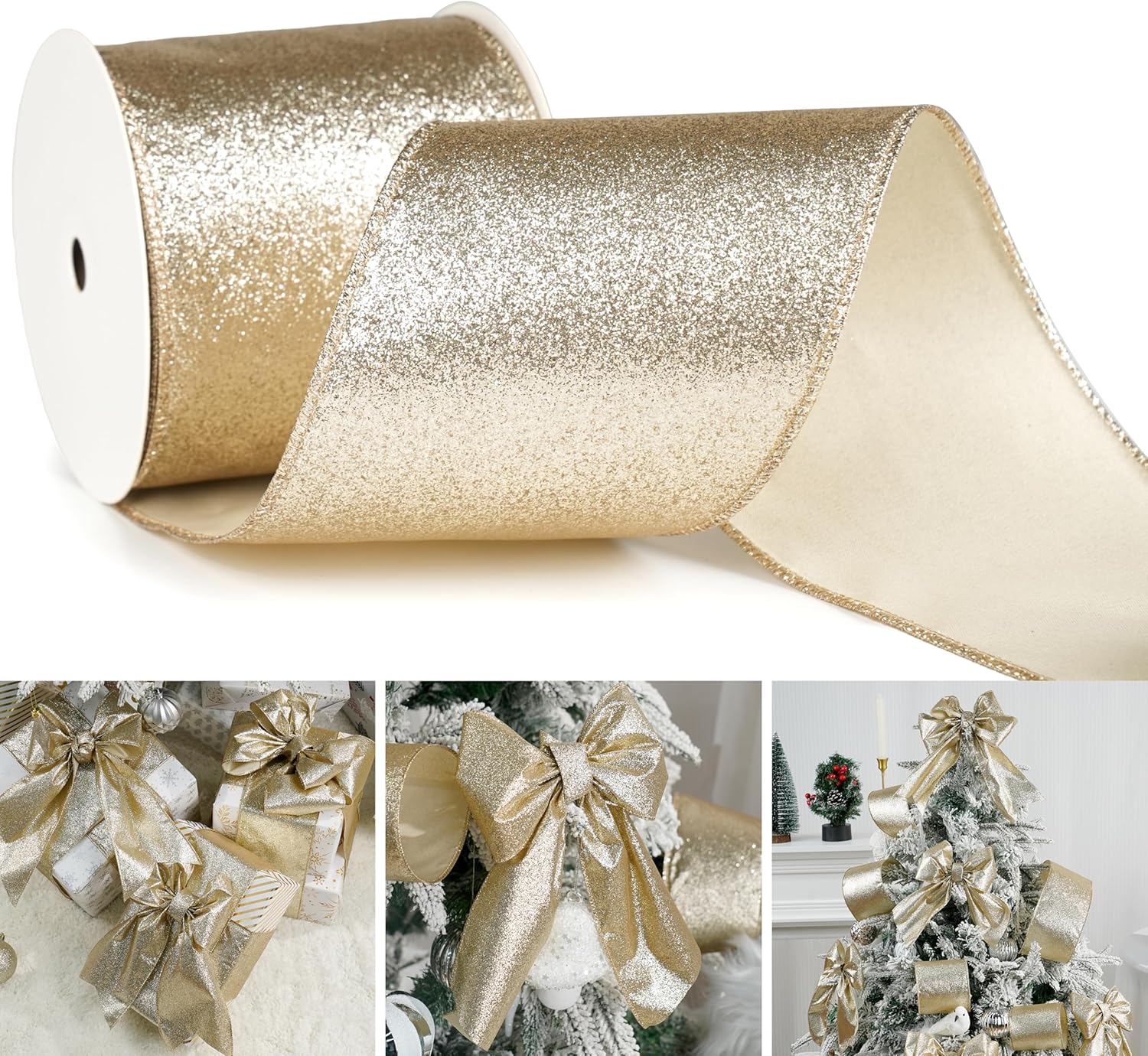 Amazon.com: DINDOSAL Champagne Gold Glitter Wired Ribbon 4" x 10 Yards ...