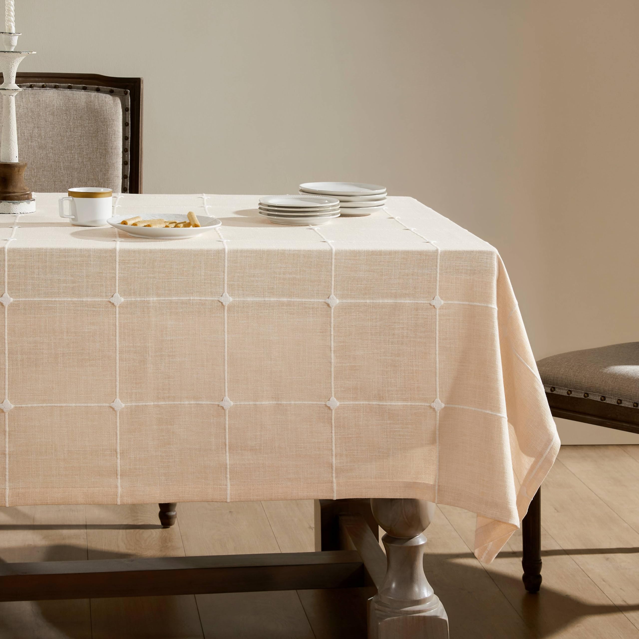 Amazon.com: ZeeMart Grid Embroidered Hemmed Tablecloths, Cream 52x52 ...