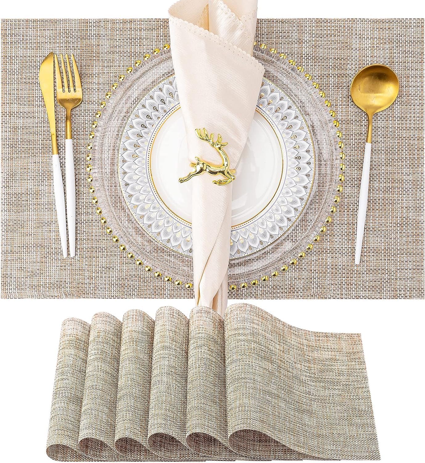 FAVE - Juego de 6 manteles individuales dorados tejidos con hilo ...