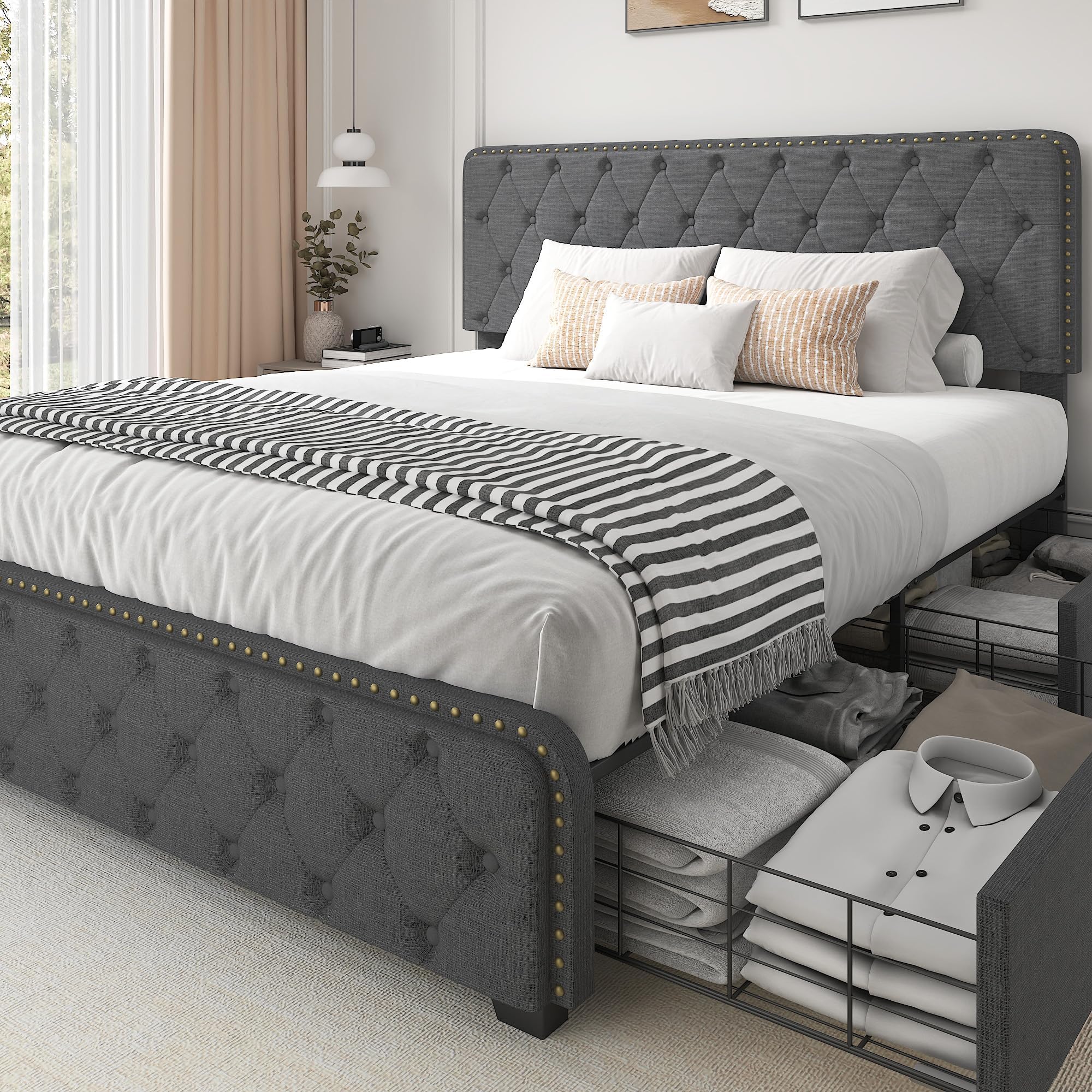 Amazon.com: Lifezone Queen Bed Frame with Headboard Upholstered Metal ...