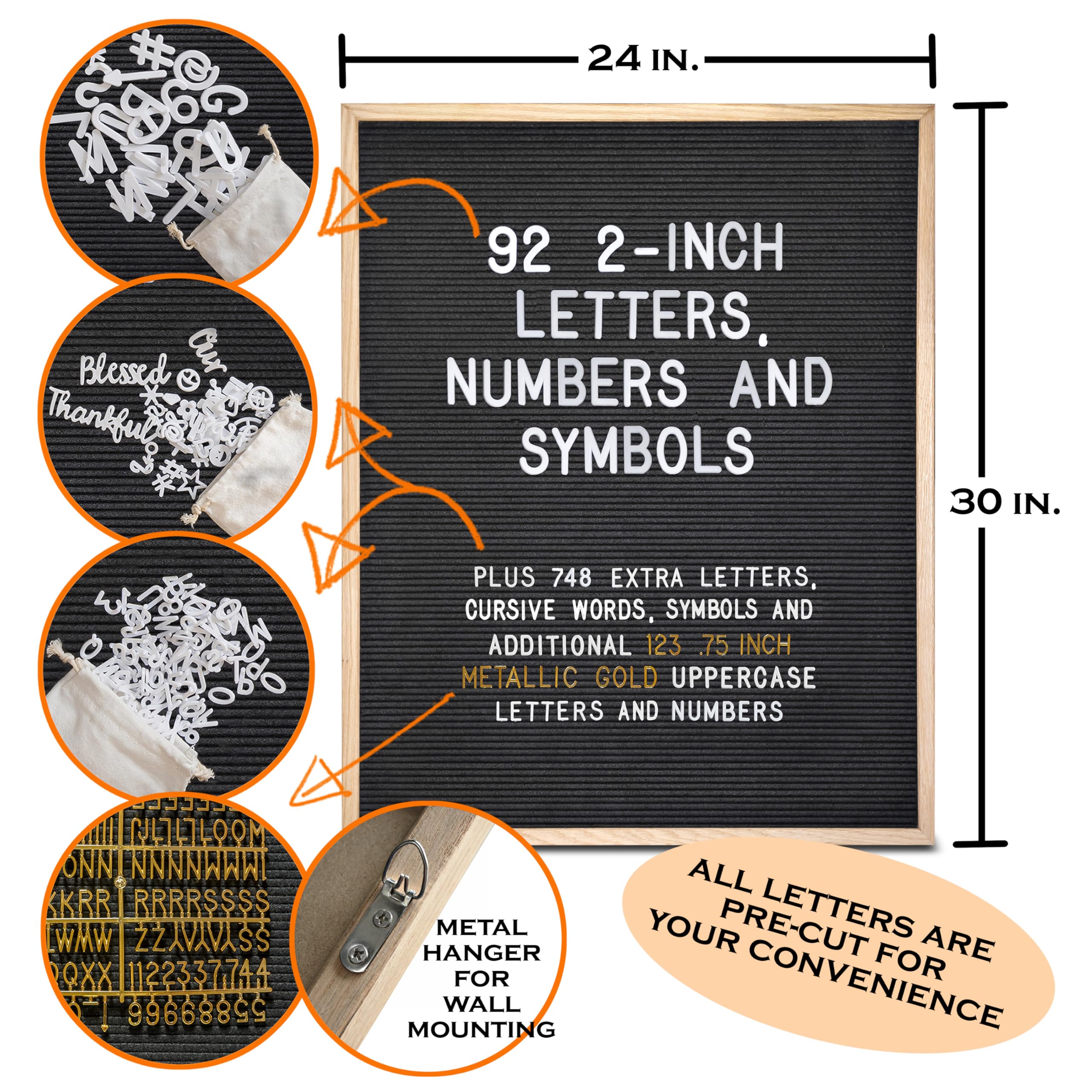 Snapklik.com : Black Felt Letter Board Oak Frame 24x30 Inch