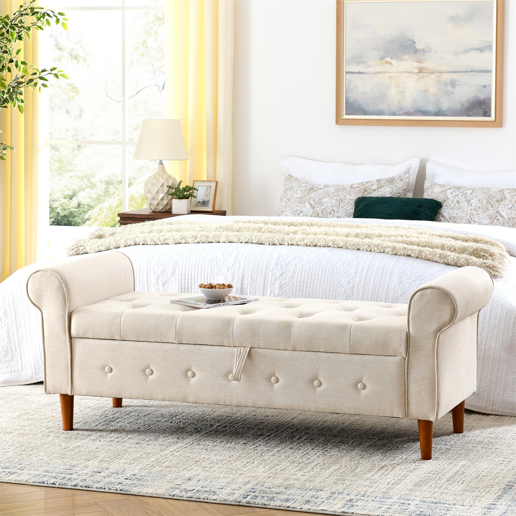 Amazon.com: GERRIT 62"" Bedroom Tufted Button Storage Bench, Long Linen ...
