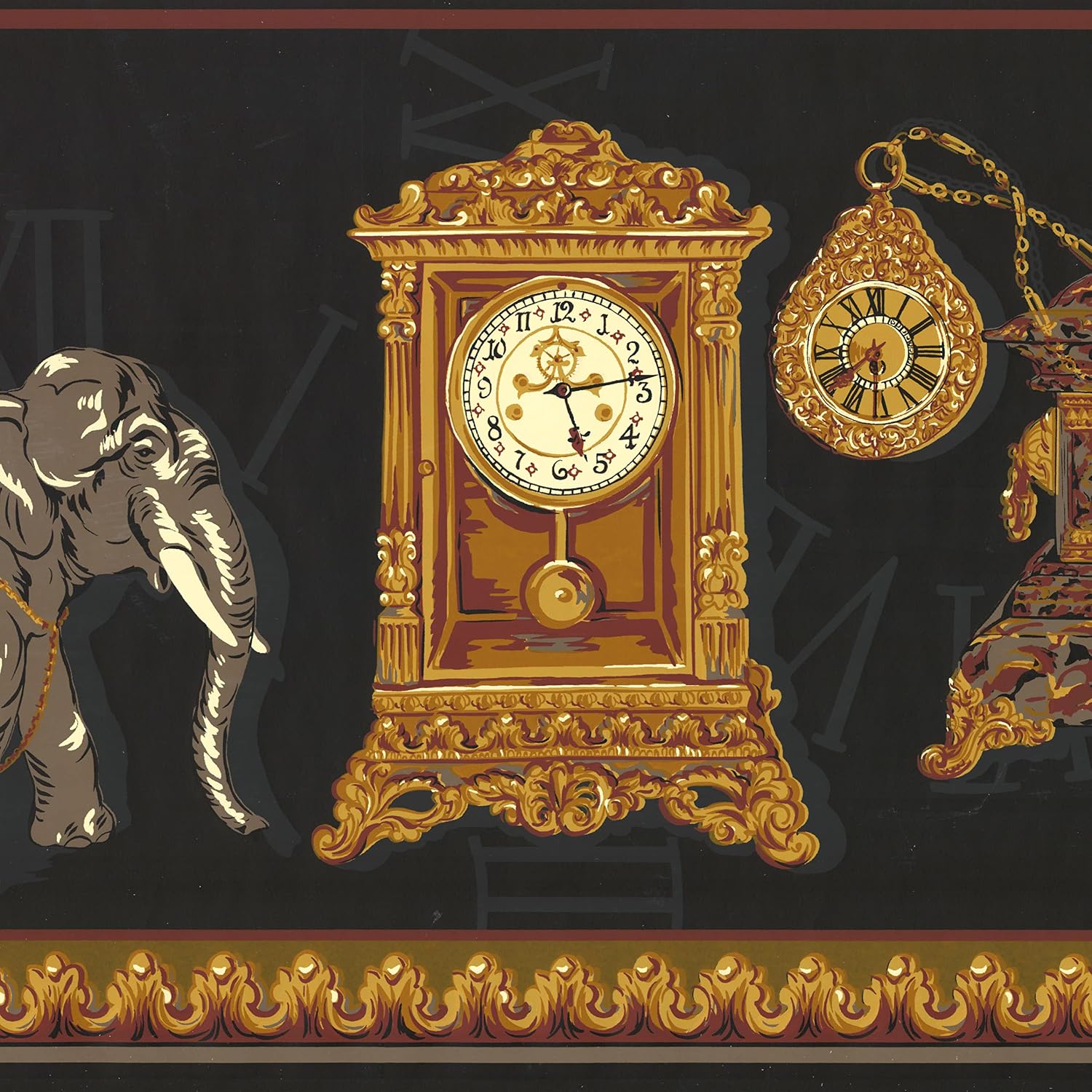 CONCORD WALLCOVERINGS ™ Vintage Clock Elephant Wallpaper Border, 13.5 ...
