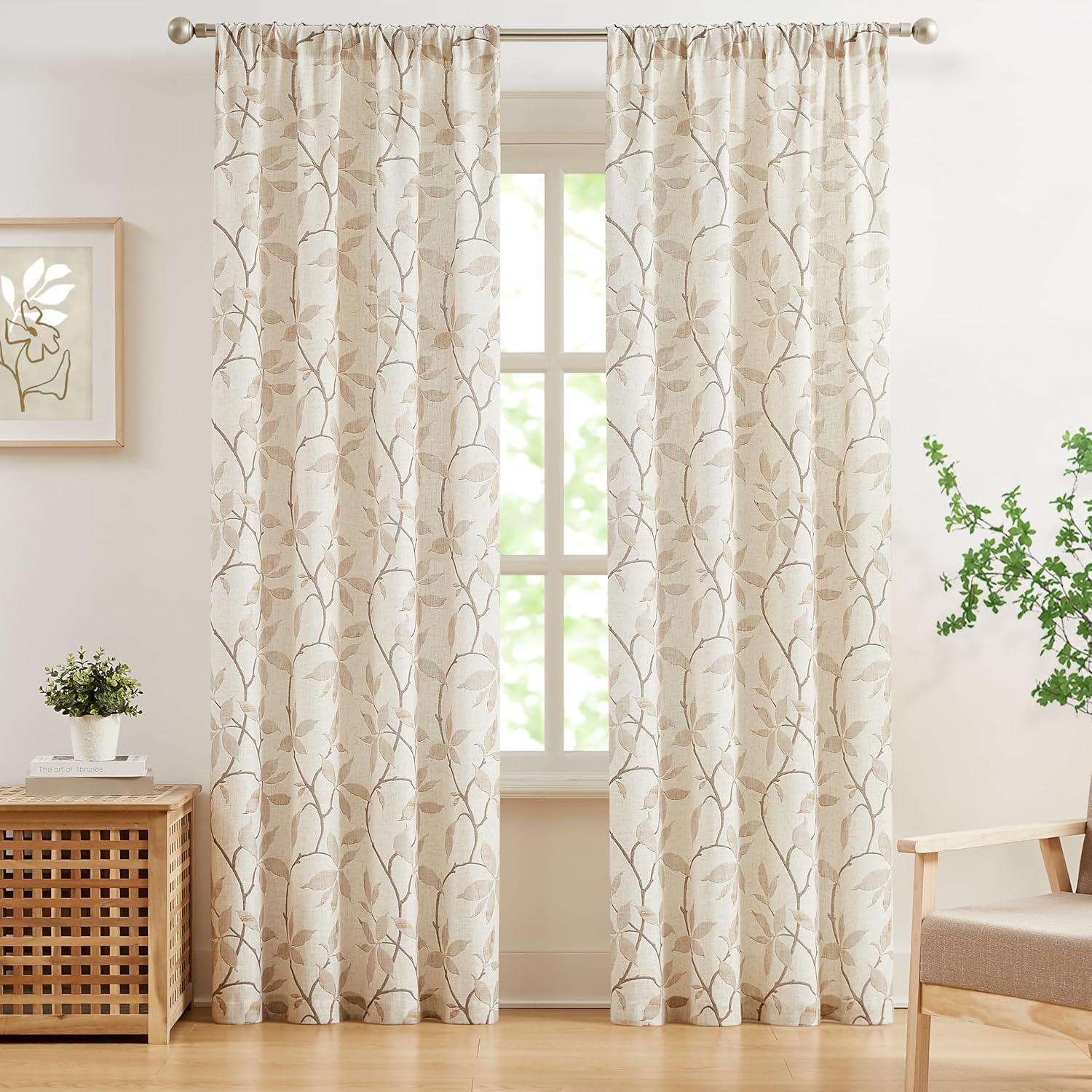Amazon.com: ZJDECOR Tan Leaf Linen Curtain Panels 90 Inches Long for ...