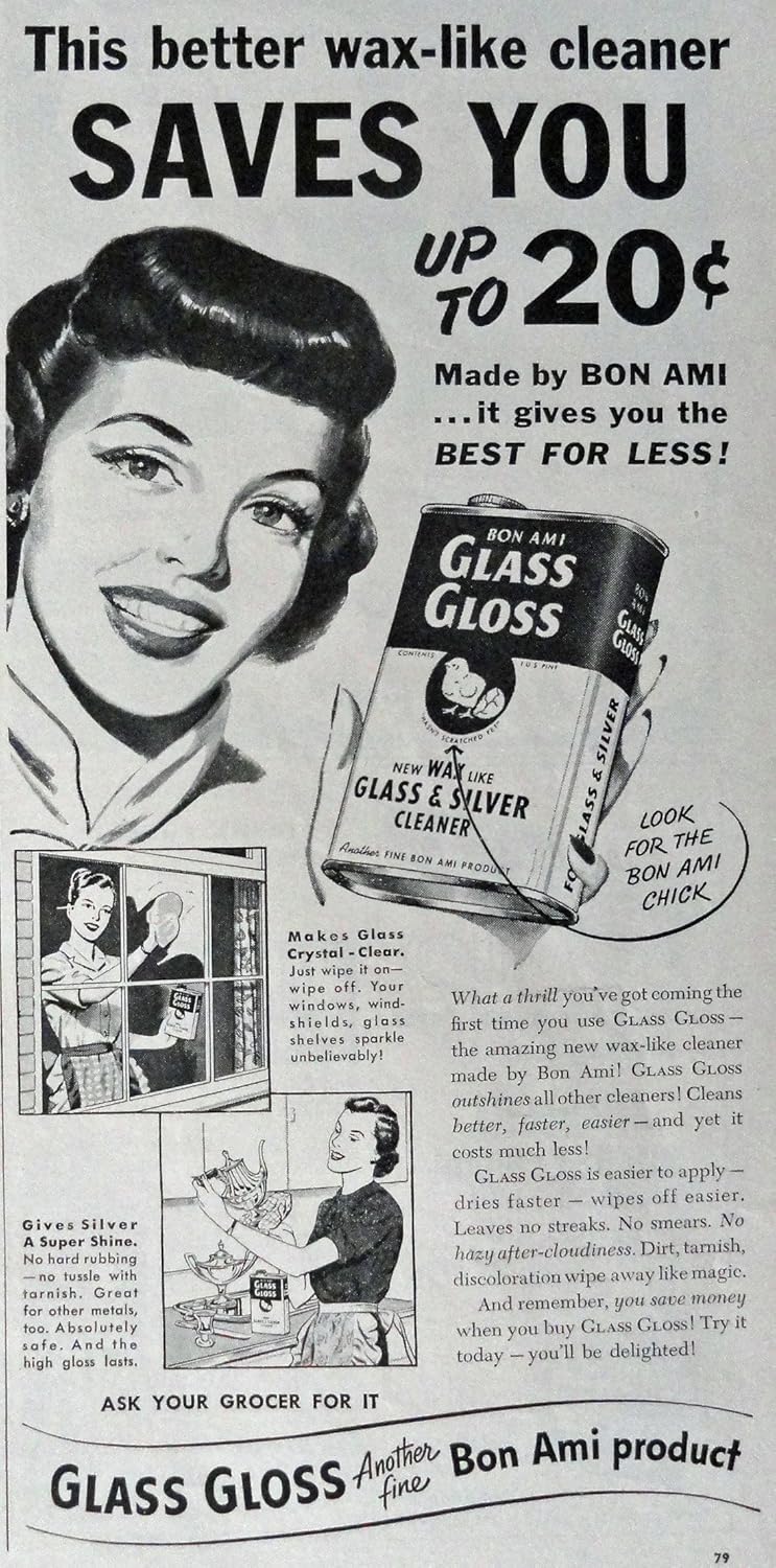Amazon.com: Bon Ami Glass Gloss, 40's B&W print ad. Illustration ...