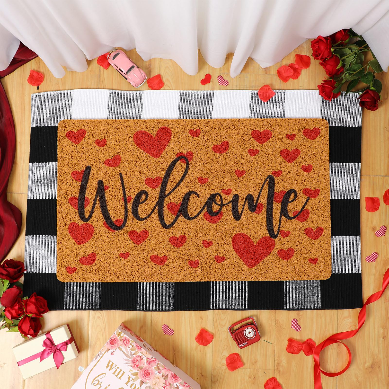 Amazon.com: Fabbay 2 Pcs Valentine's Day Doormat Welcome Heart Door Mat ...