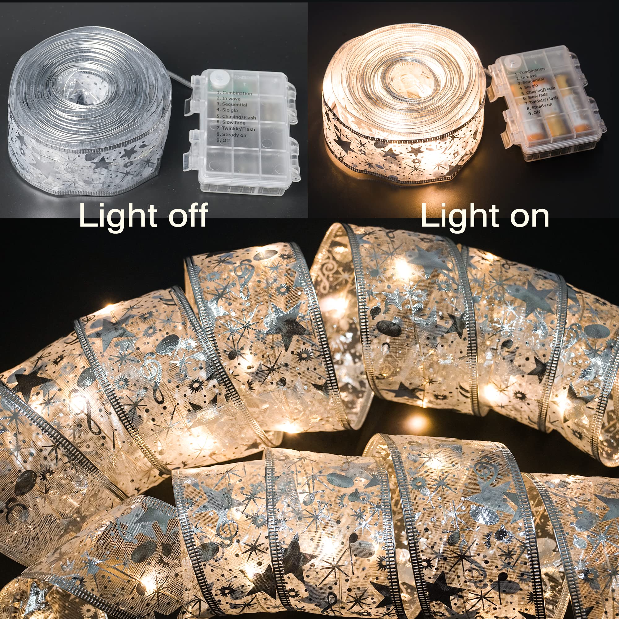 HomeKaren Ribbon Lights for Christmas Tree 32.8Ft with 100 Led, Battery ...