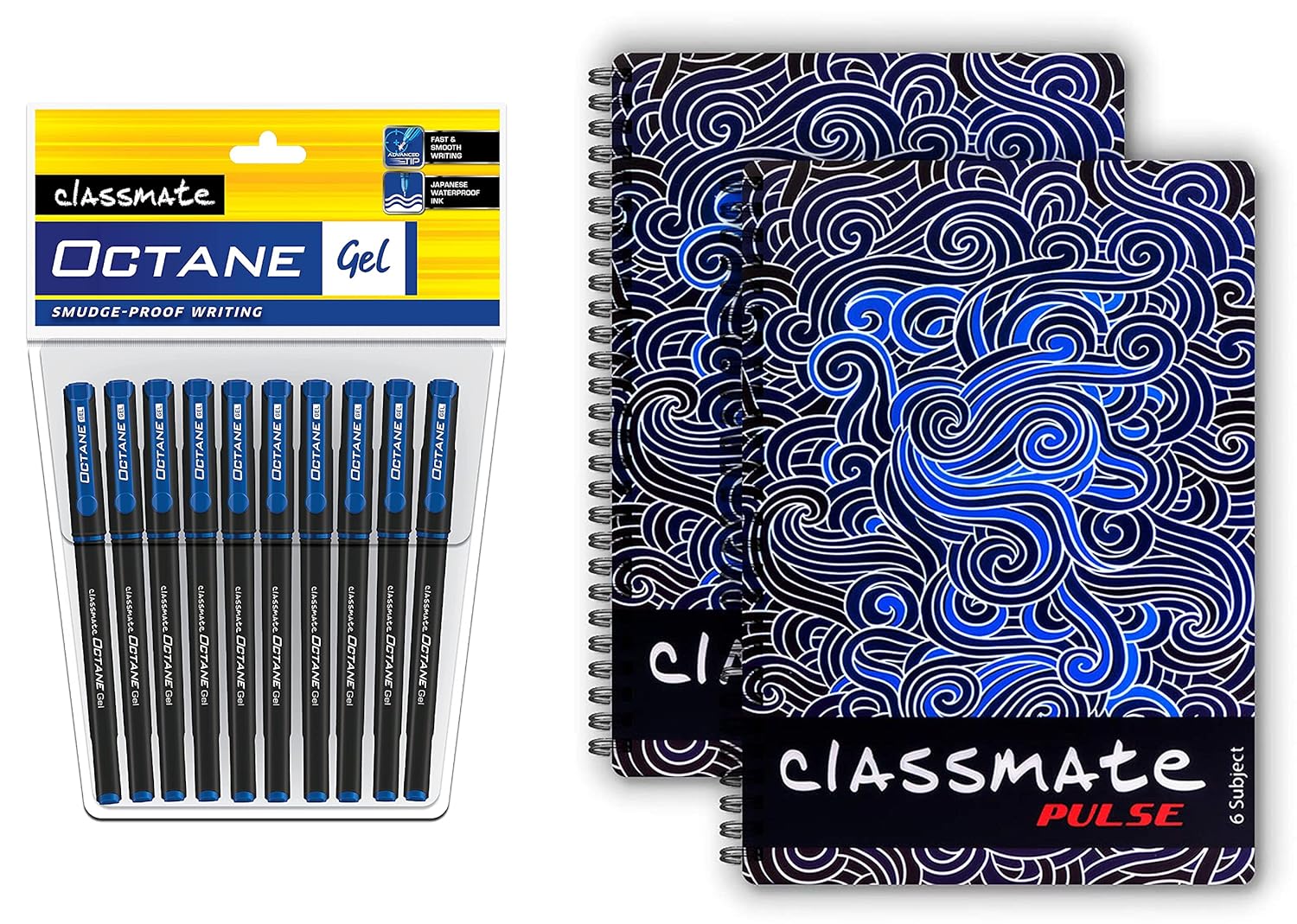 Classmate Octane- Blue Gel Pens (Pack of 10) Pulse Spiral Notebook ...