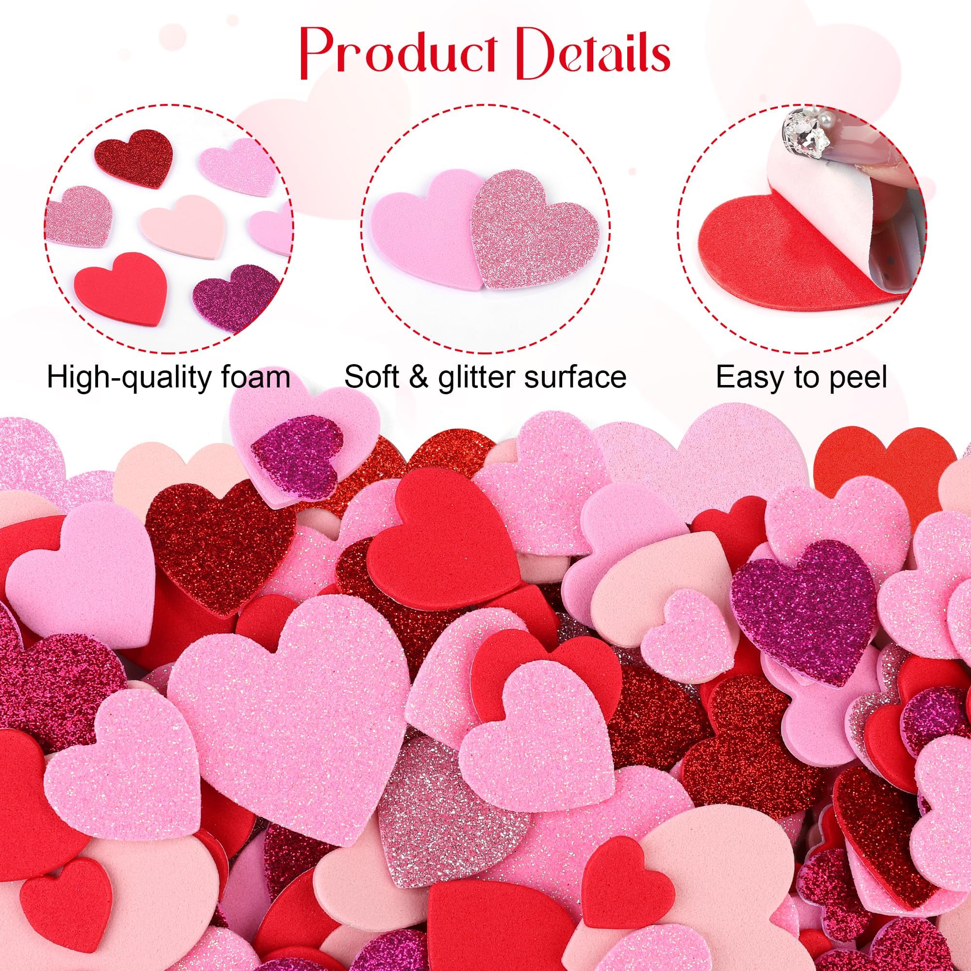 Snapklik.com : 600 Pieces Valentine Foam Heart Stickers Pink Red Self ...