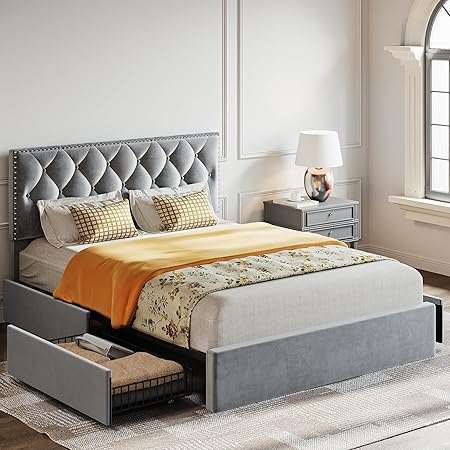 Amazon.com: Alohappy Queen Bed Frame with 4 Storage Drawers, Velvet ...