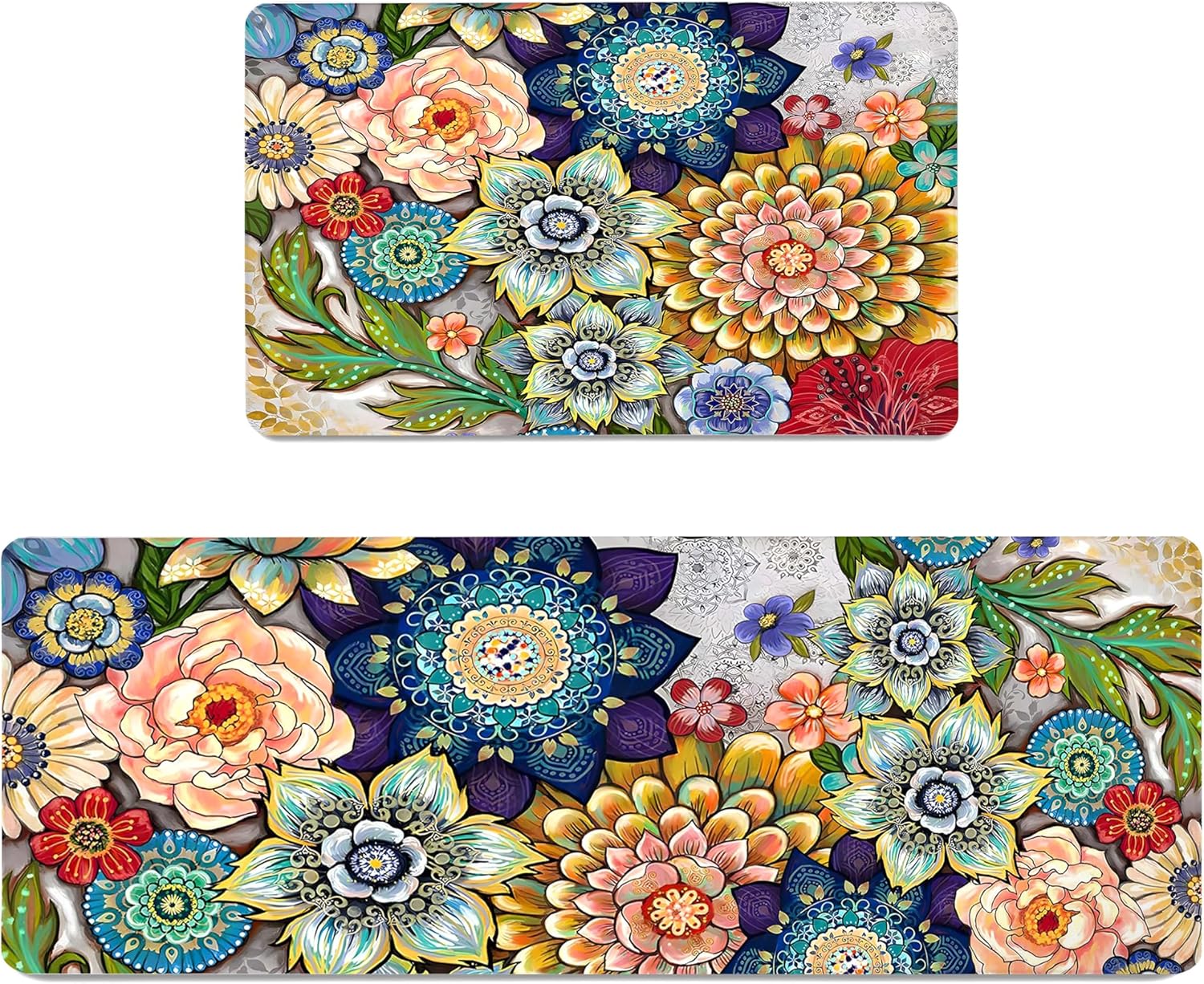 Tubeamin Boho Floral Kitchen Rugs Mats for Floor 2 Piece Memory Foam ...