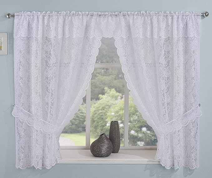 Maple Textiles Victorian Lace Floral Pattern Window Curtain Net Set in ...