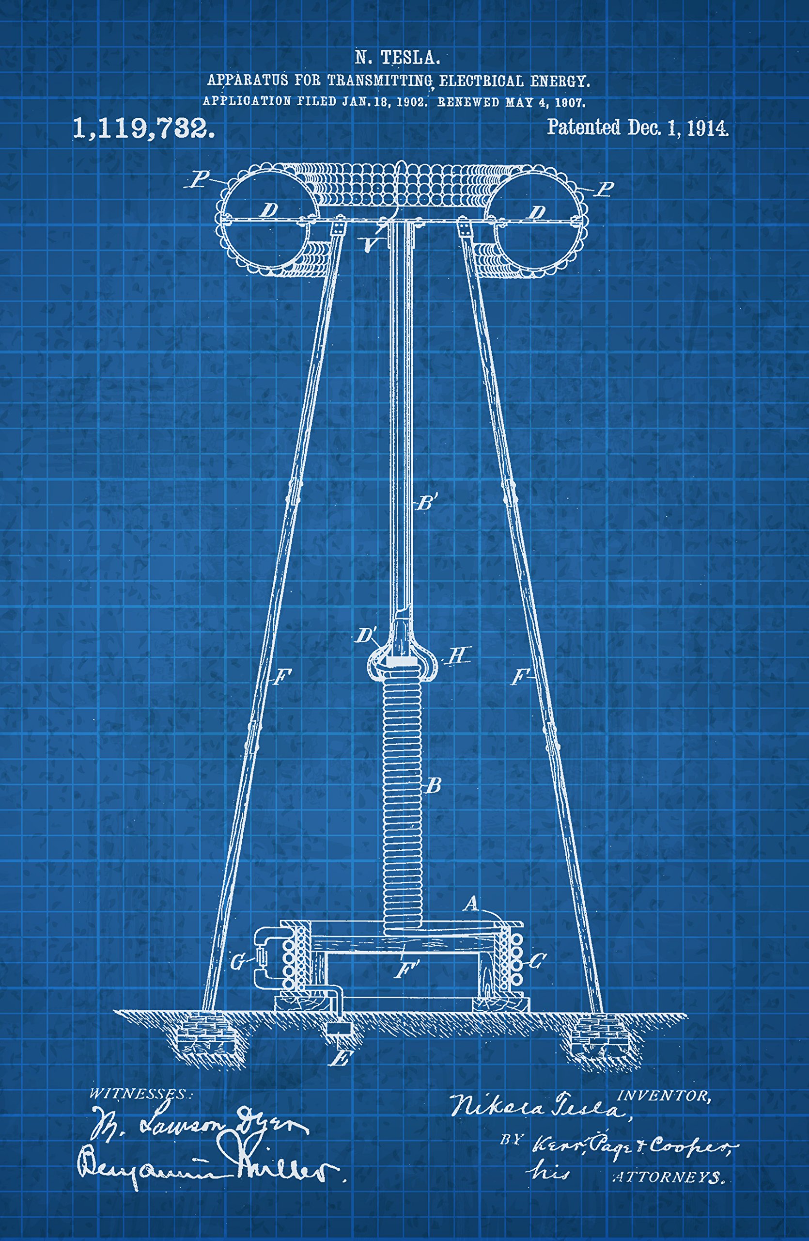 Amazon.com: ArtsyCanvas Tesla Coil on White on Blue Graph - Patents ...