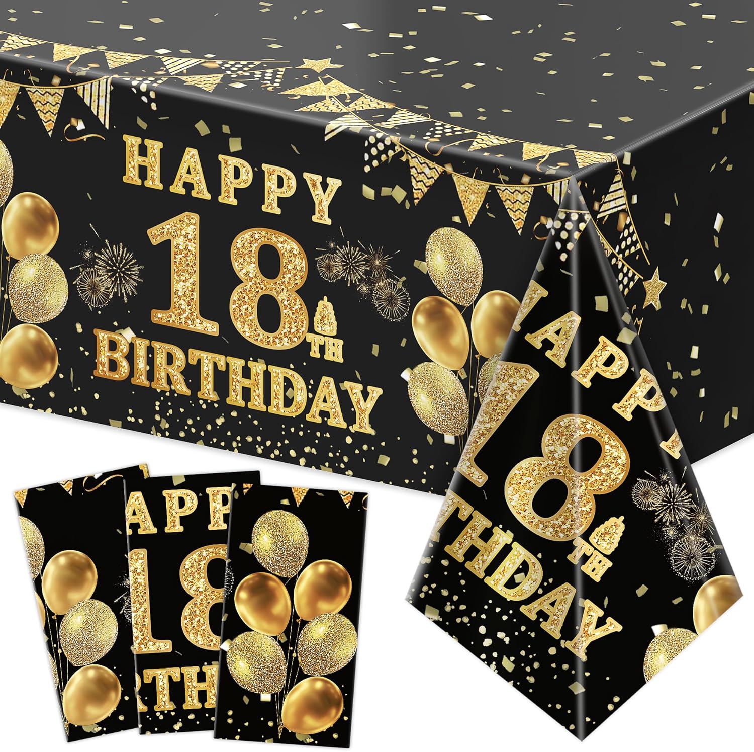 Amazon.com: Labeol 3 Pack 18th Birthday Tablecloth, Black and Gold ...