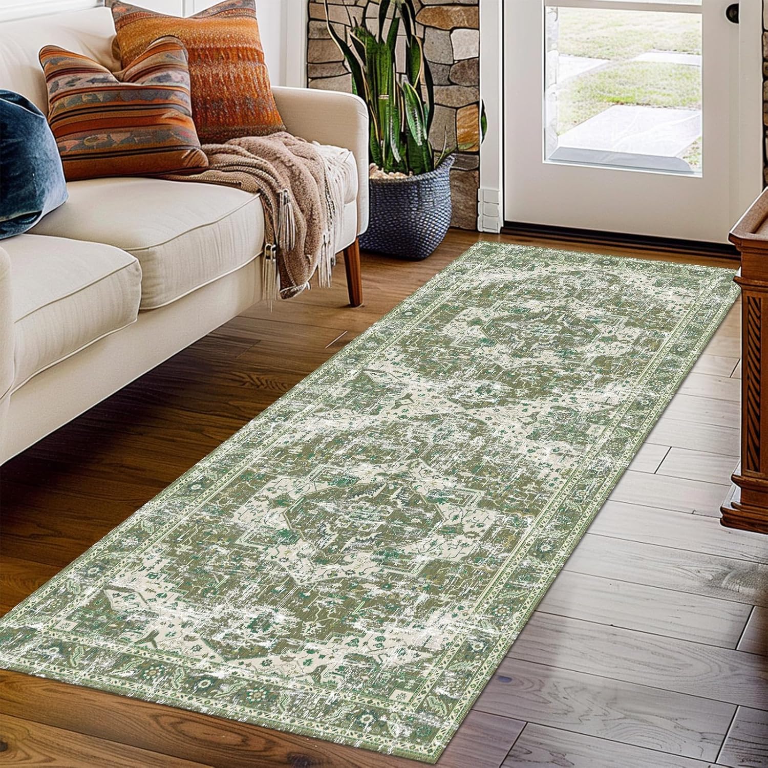Amazon.com: Runner Rug Boho Vintage Washable Area Rugs Olive Green 2x6 ...