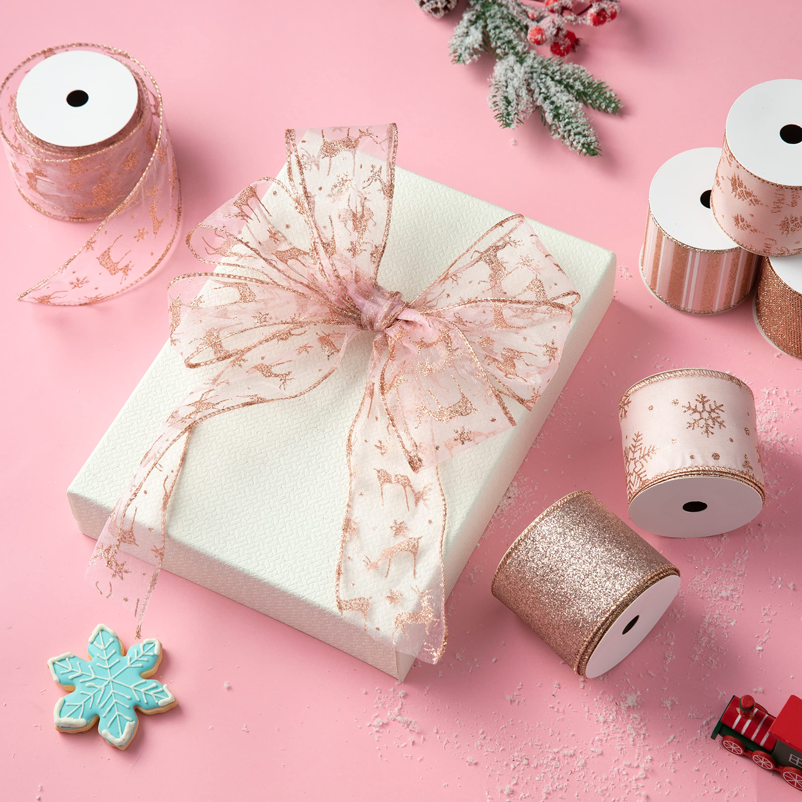 Snapklik.com : 6 Rolls 36 Yards Christmas Wired Ribbons Set 2.5 Ribbons ...