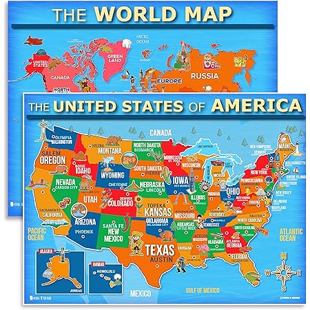 Amazon.com : 2 Pack - World & USA Map for Kids [Illustrated] - 2 Poster ...