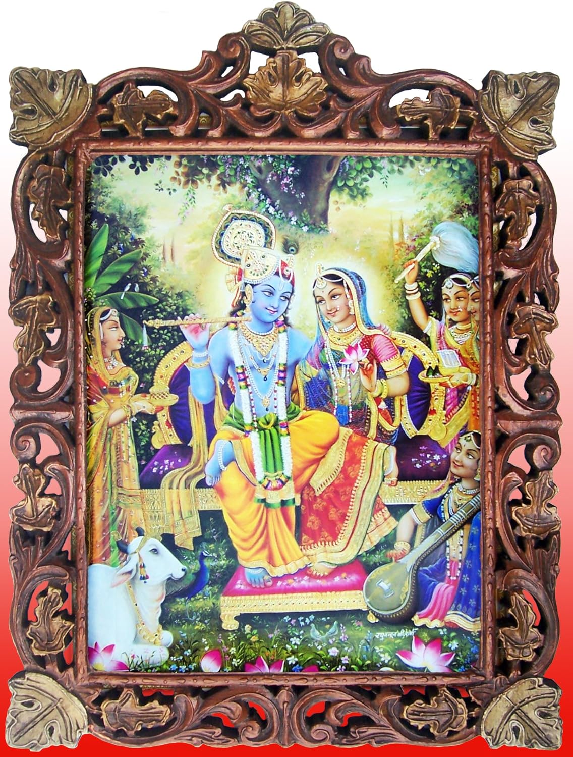 Amazon.com: People Worshiping Radha Krishna Pic in Wood Frame: Single ...