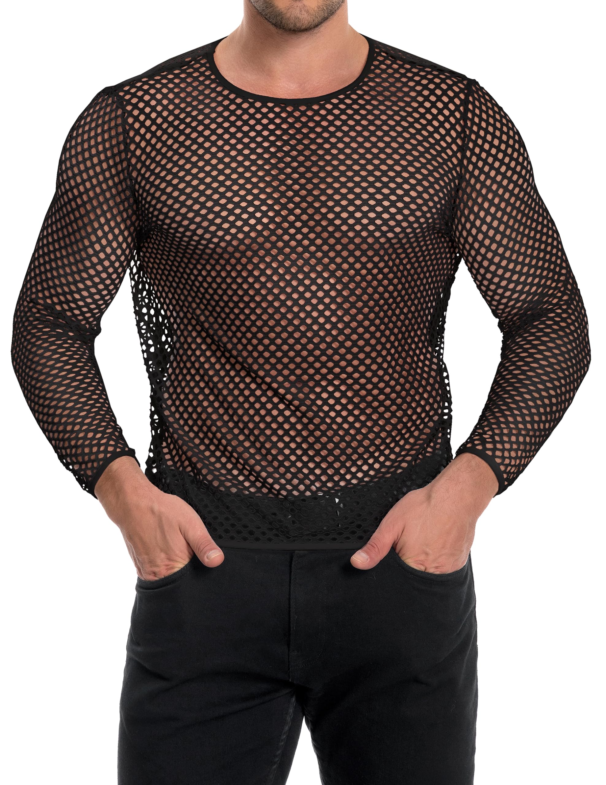 Amazon.com: Men's Mesh Fishnet Top Long Sleeve Sheer See Through T ...