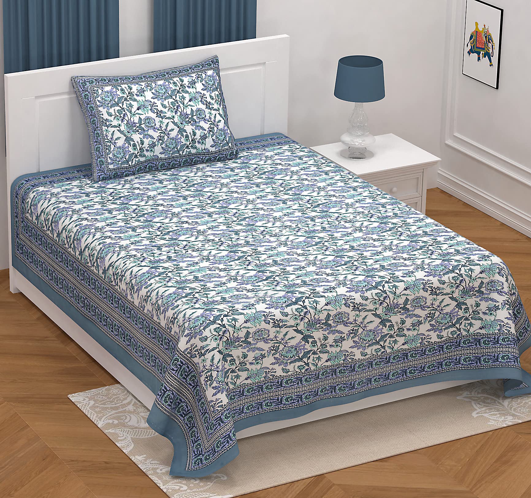 EasyGoods® 240 TC Cotton Bedsheet for Single Bed –Blue, Ethnic25 ...
