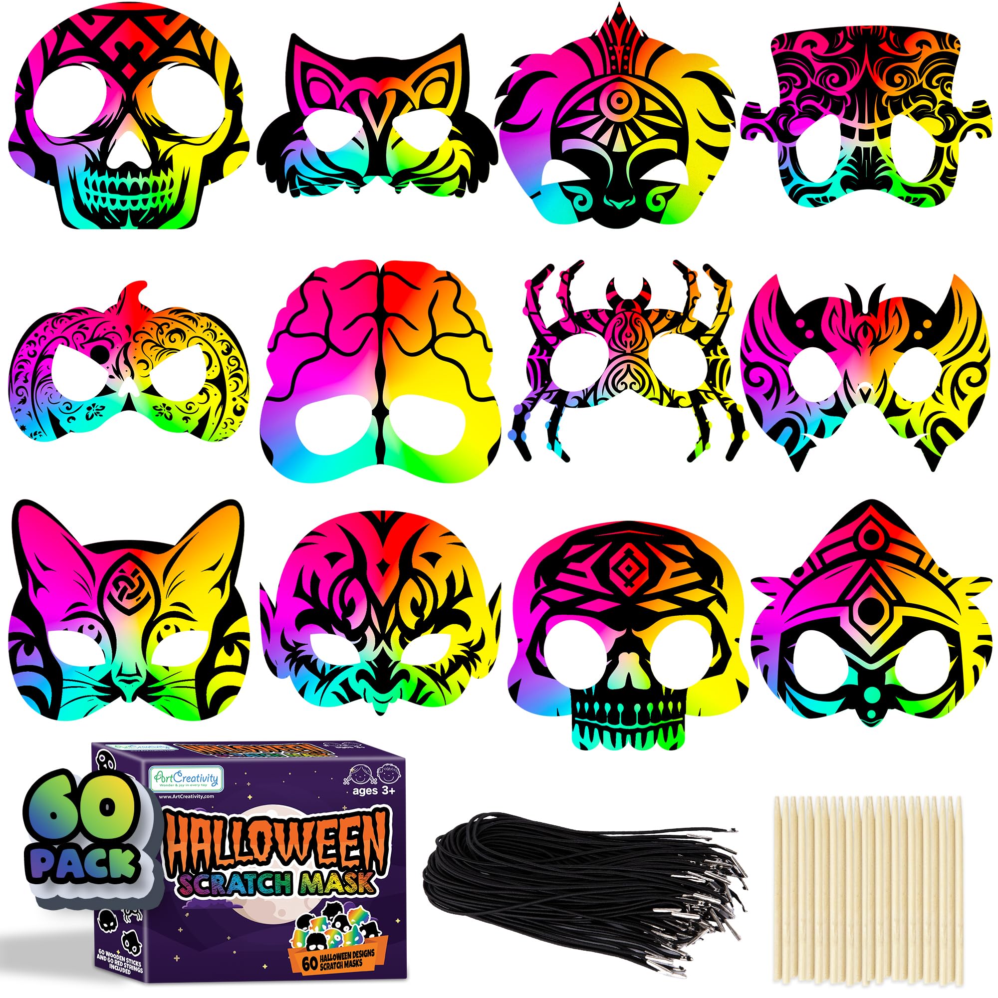 Amazon.com: ArtCreativity Halloween Scratch Masks for Kids, Set of 60 ...
