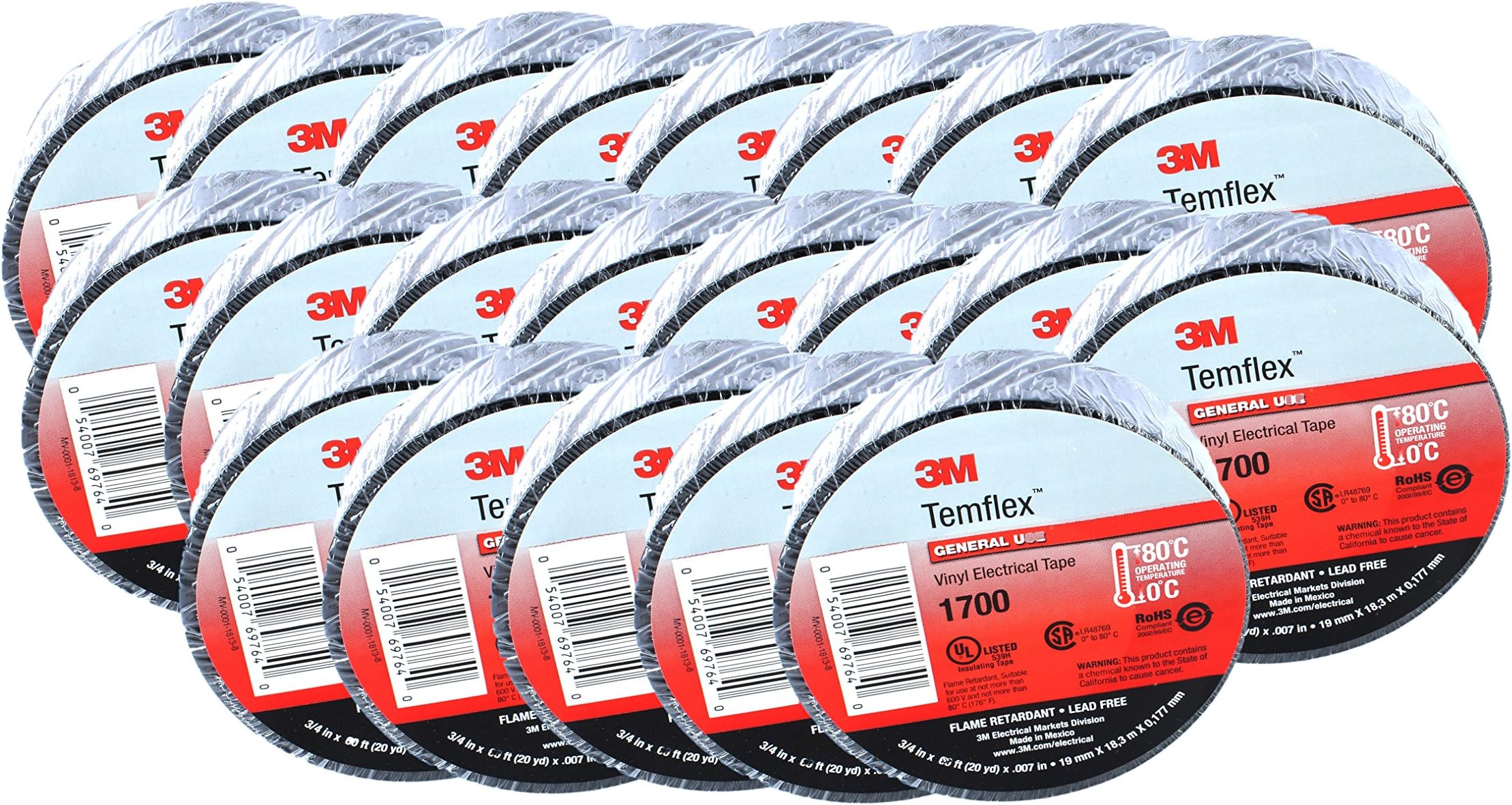 Amazon.com: 25 Pack 3M Temflex 1700 Black 3/4" x 60' General Use Vinyl ...