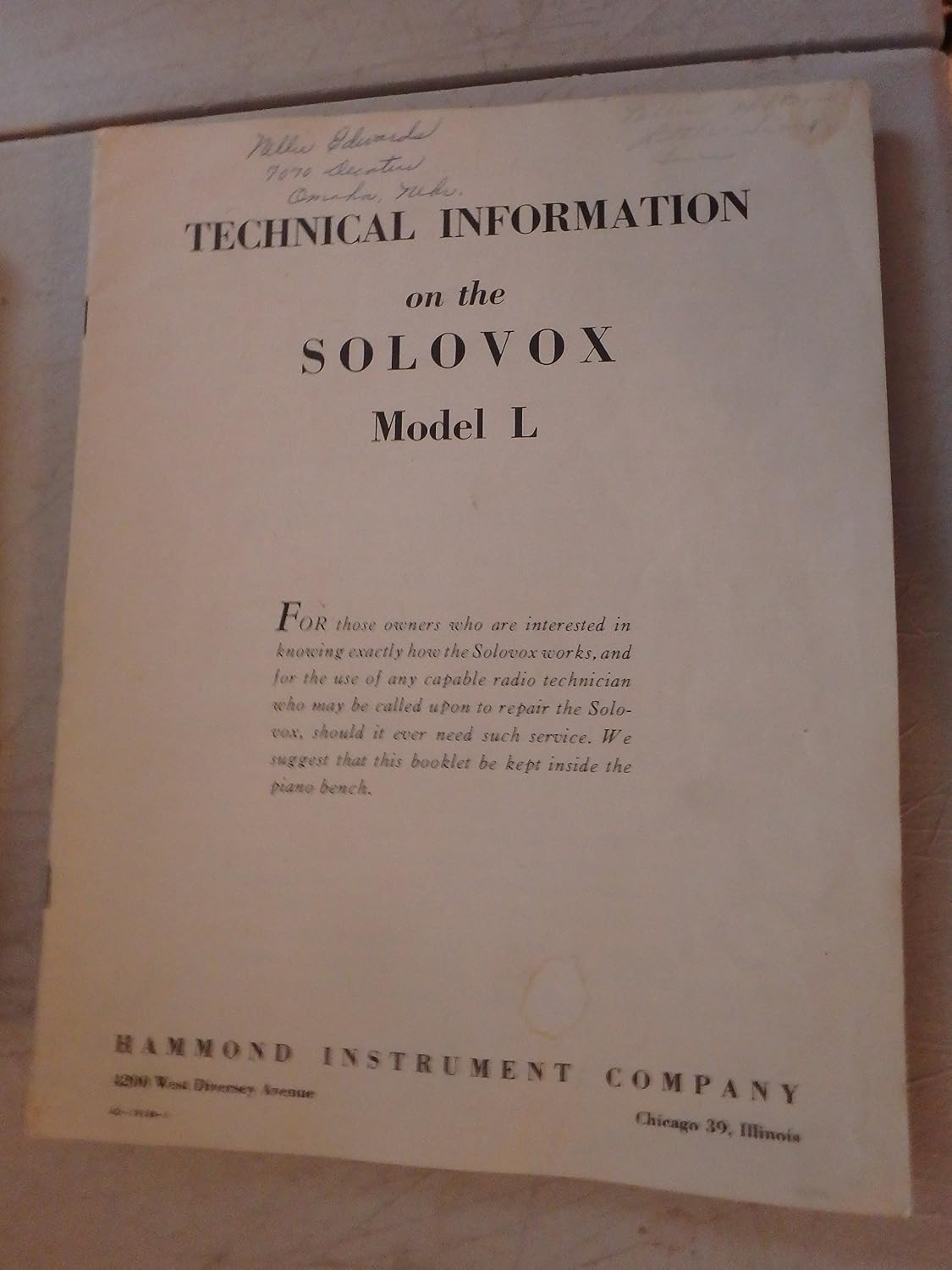 technical information on the Solovox model L: hammond instrument ...