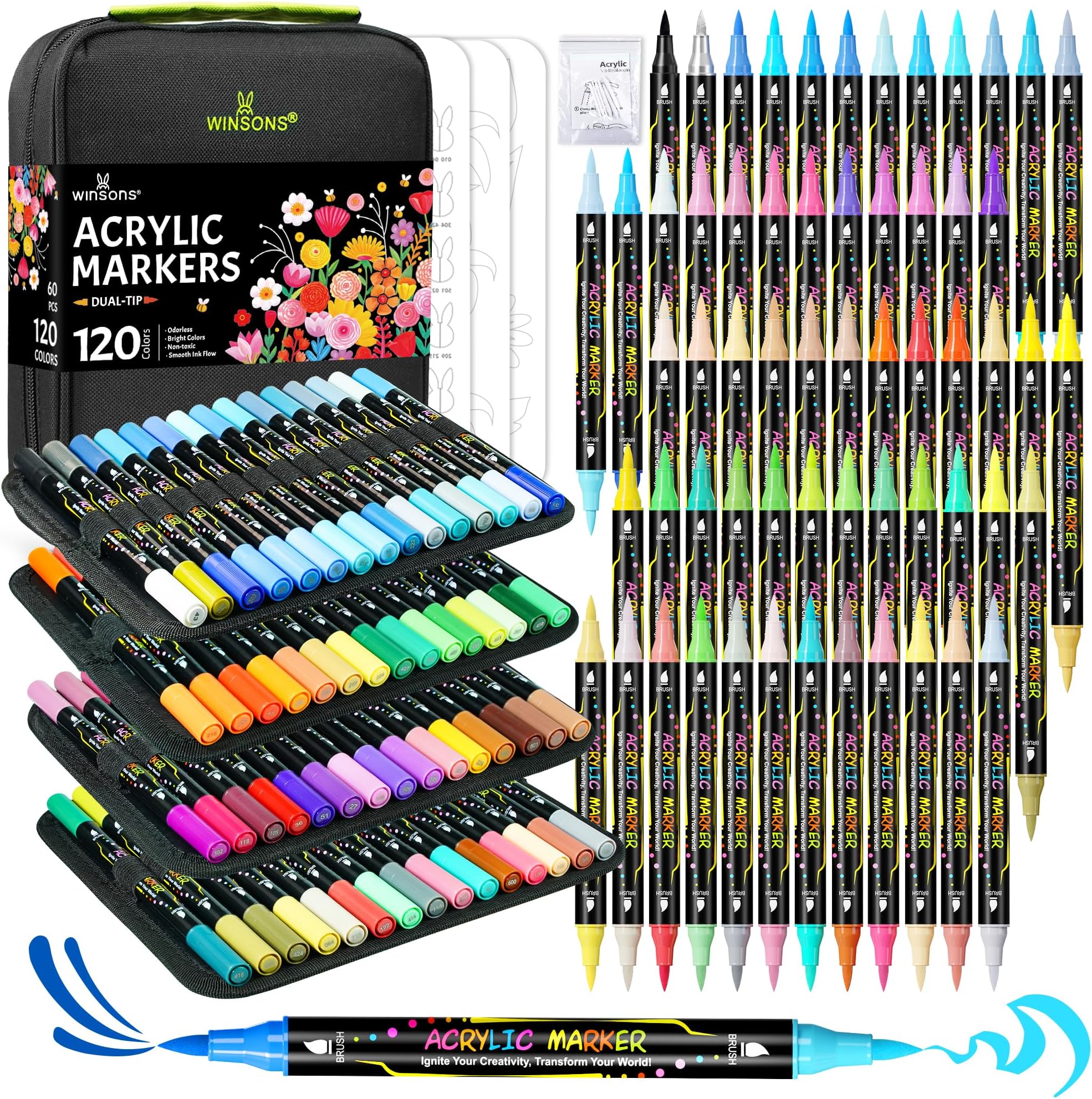 Winsons 120 Colors Acrylic Paint Markers Permanent Dual Tip Acrylic ...