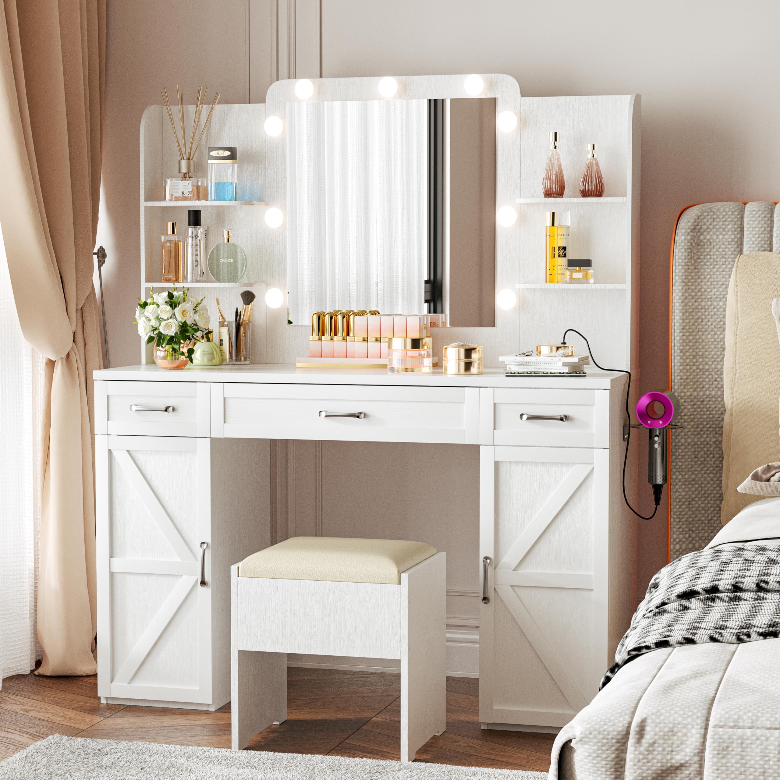 Amazon.com: Xilingol 45.3" Vanity Desk with Mirror and Lights, Vanity ...