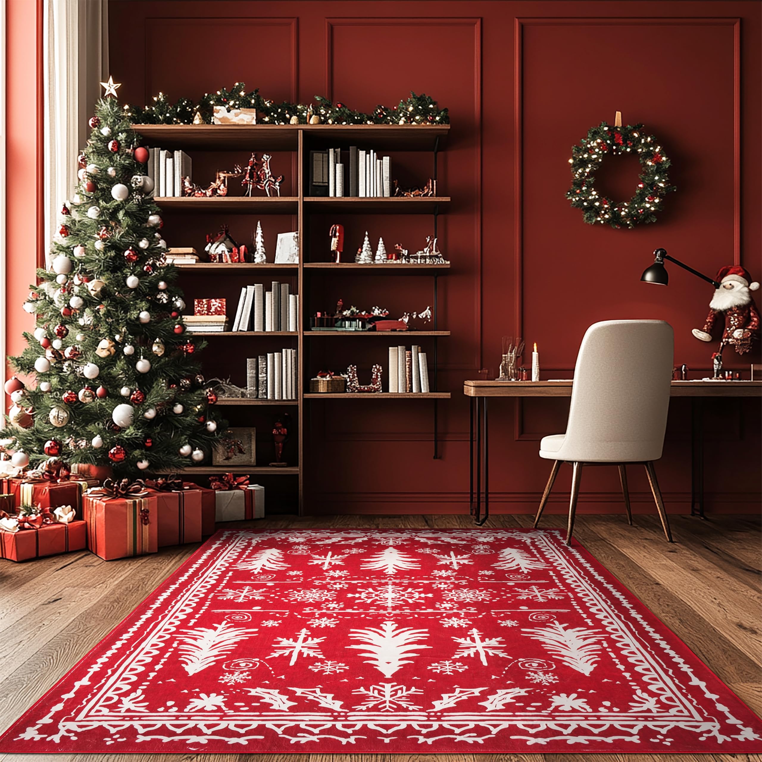 Home Office Christmas Area Rug 5x7 Snowflake and Christmas Tree Floor ...