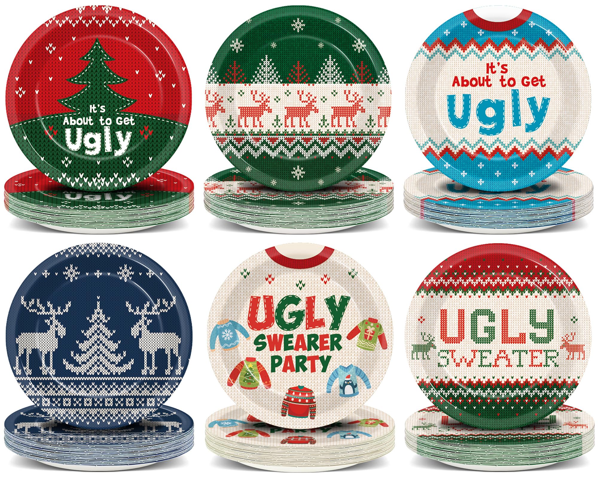 Amazon.com: 60Pcs Christmas Party Supplies 7” Ugly Sweater Plates It’s ...