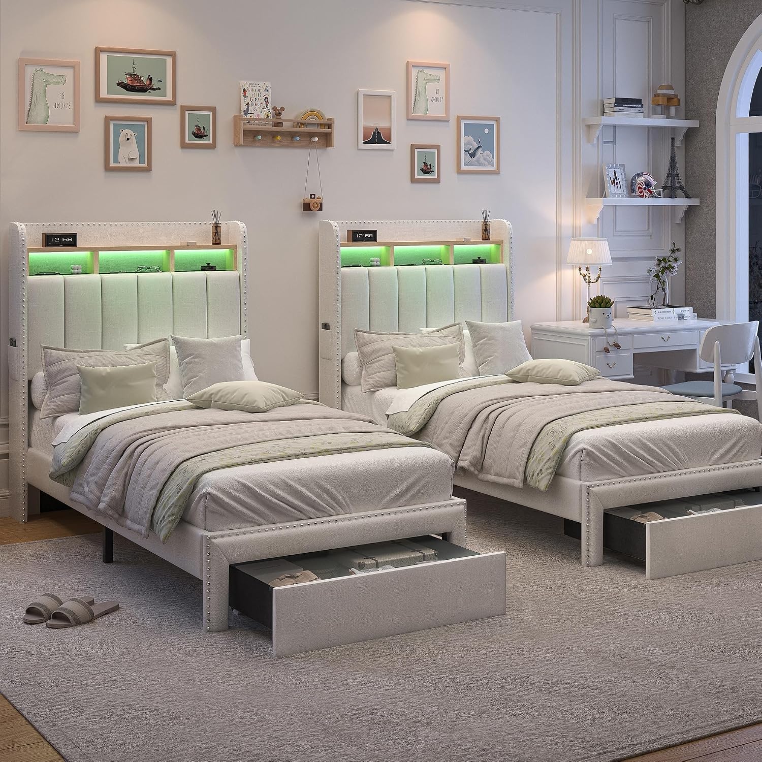 Amazon.com: SIBEDS 2 Set Twin Bed Frame with LED Lights, Crystal Button ...