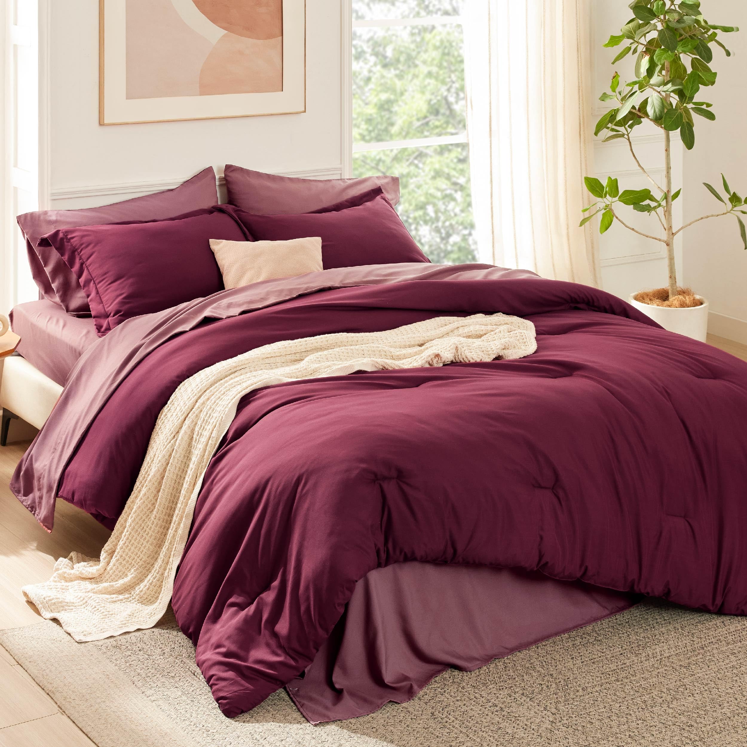 Bedsure Twin Comforter Set - 5 Pieces Burgundy Twin Bedding Set for All ...