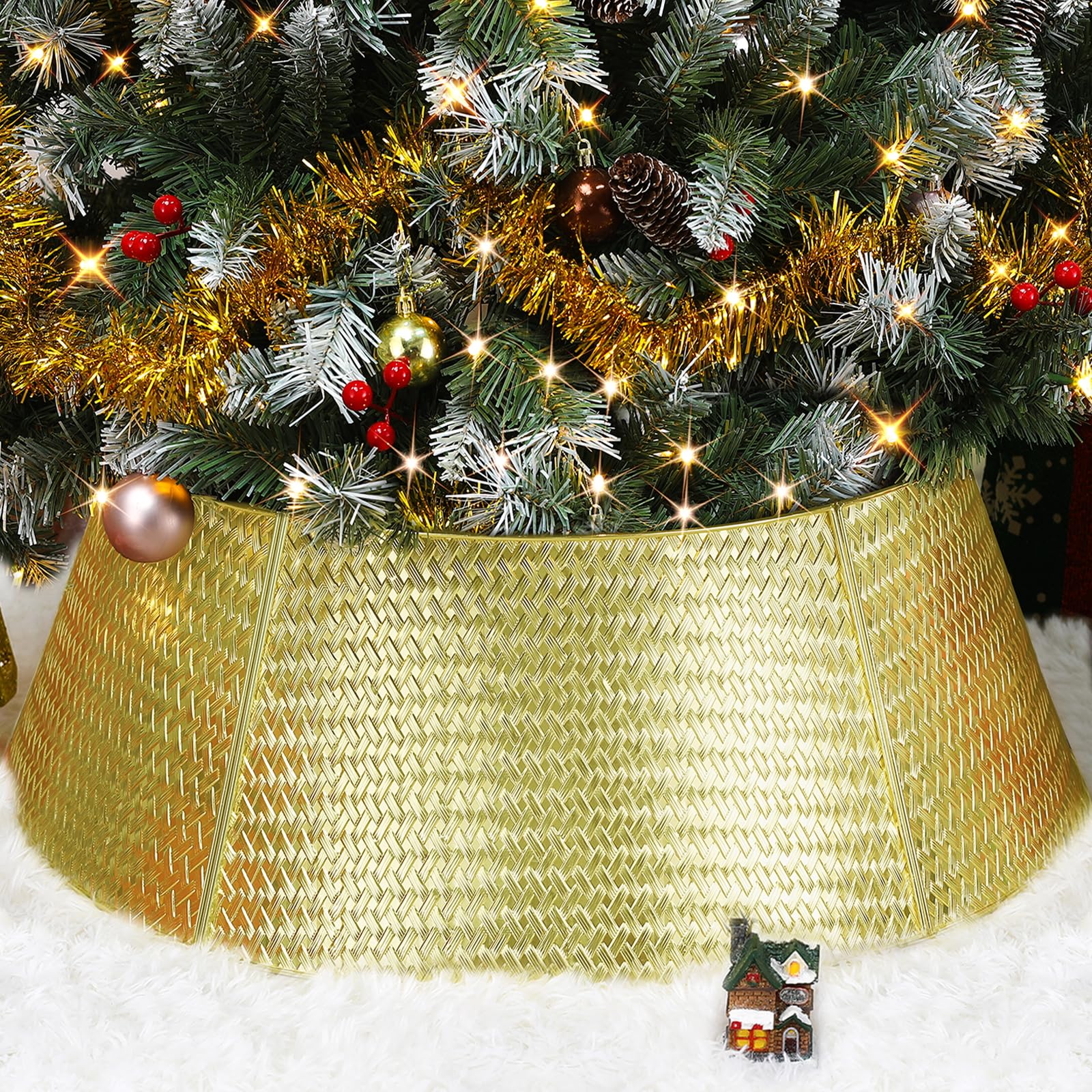 Amazon.com: AuraBasic Christmas Tree Collar Gold, 28” Metal Tree Skirt ...