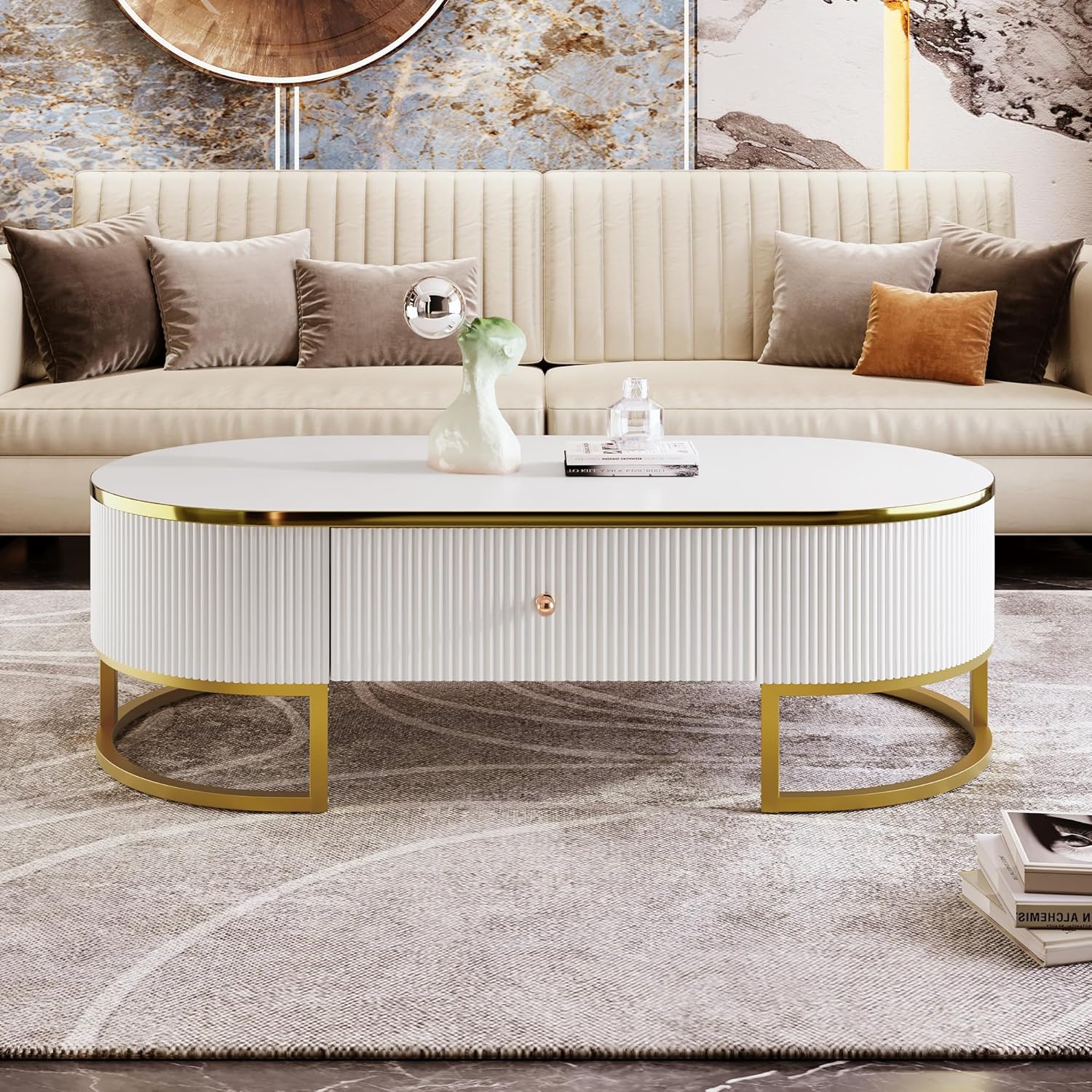 47.2" Modern Oval Coffee Table Storage Accent Table with Drawers Oval ...