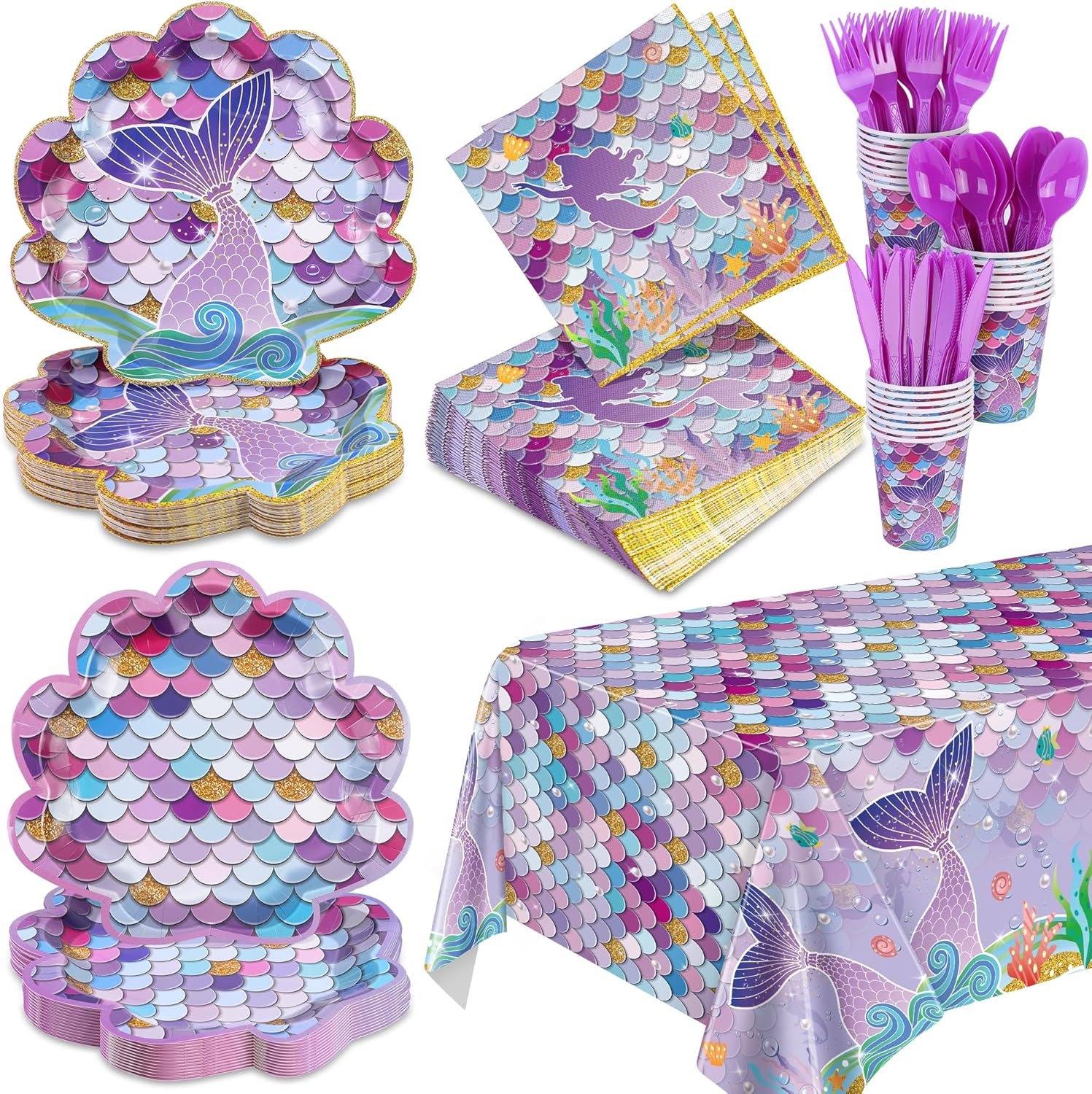 Amazon.com: durony 169 Pieces Mermaid Disposable Dinnerware Set Mermaid ...