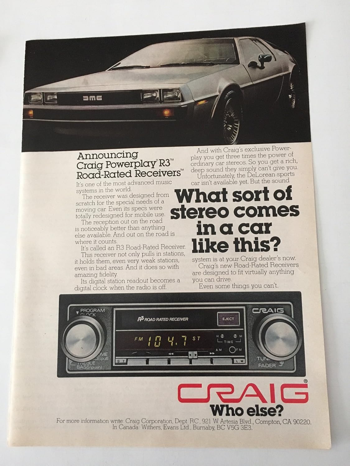 Amazon.com: 1979 Craig Car Stereo DeLorean Featured Magazine Print ...