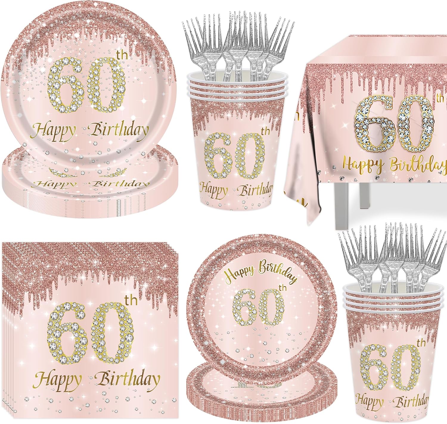 Amazon.com: 60th Birthday Tableware Set Pink Rose Gold - Dessert Plates ...